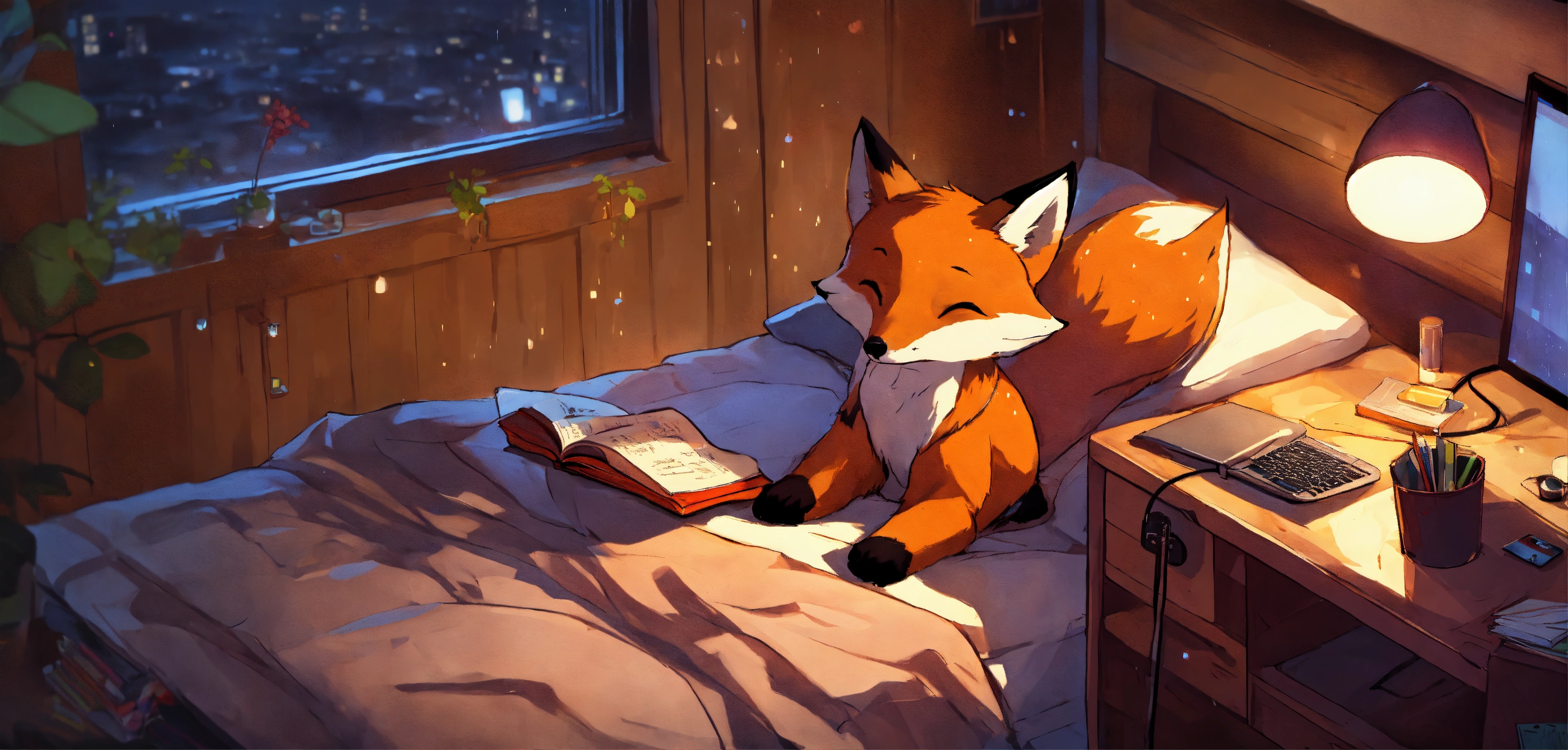 Lexica - Small baby fox laying On his bed with head on the pillow, Cozy ...