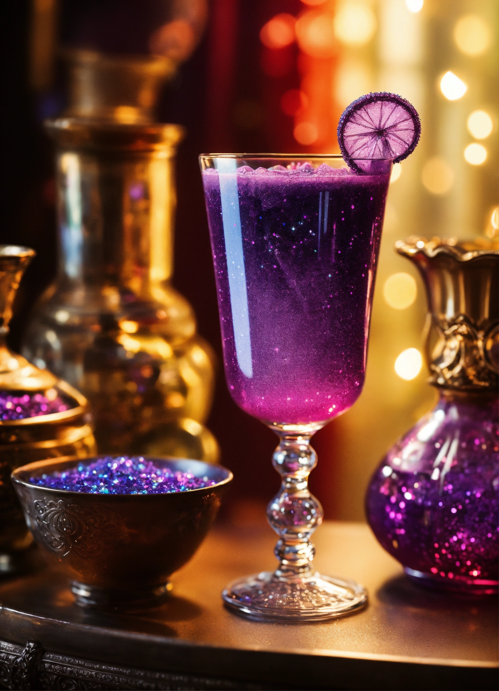 Lexica - Hyper realistic magical vibrant glitter purple wizard drink in ...