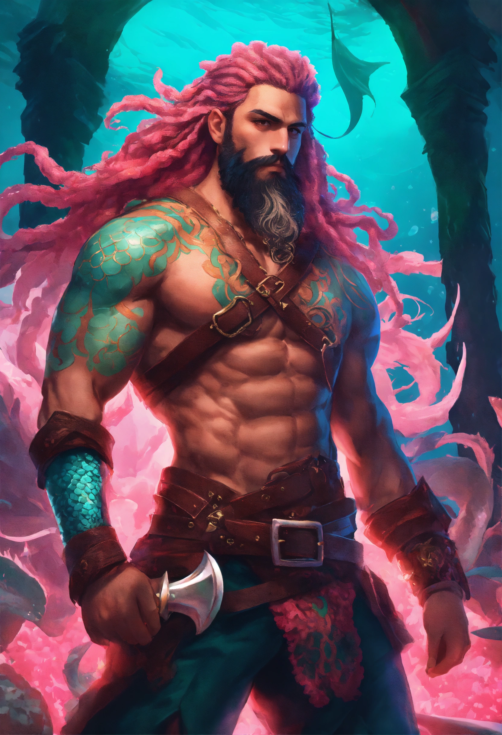 Lexica - A buff muscular Merman pirate with pink scales across his blue ...