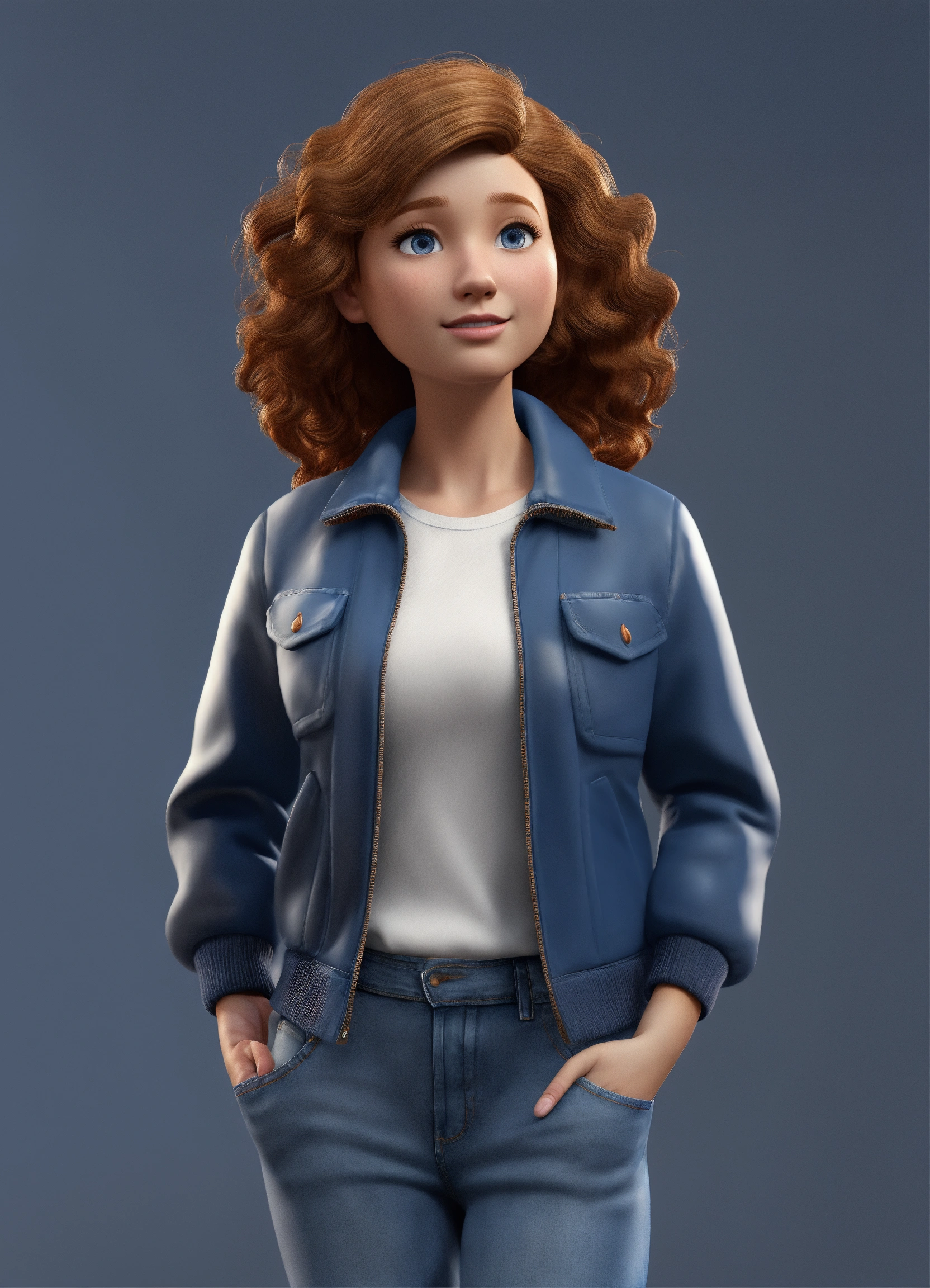 Lexica - (standing white woman), blue jacket, blue jeans, white t-shirt ...