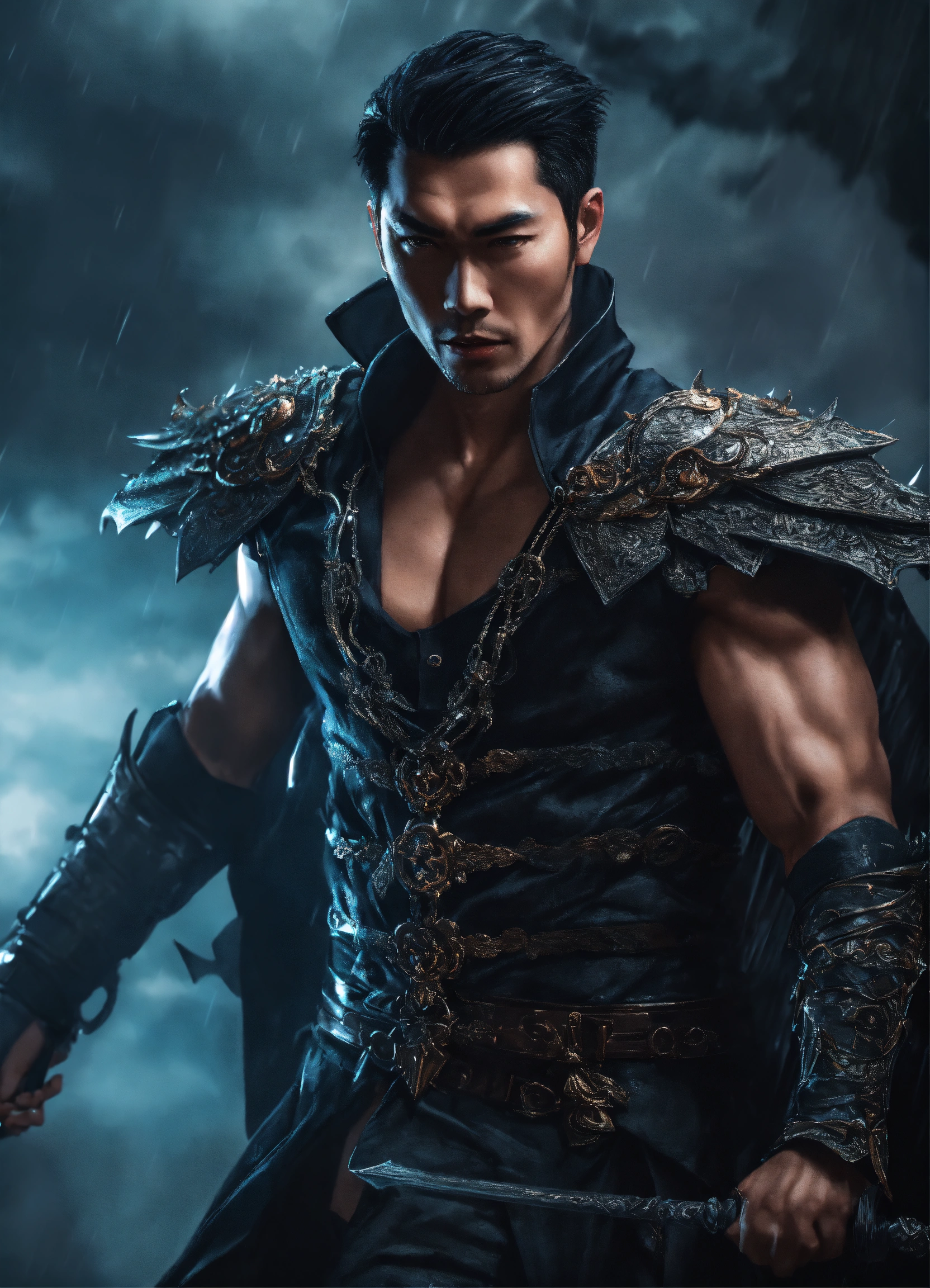 Lexica - Full body strong muscular evil Asian vampire man entangled in ...