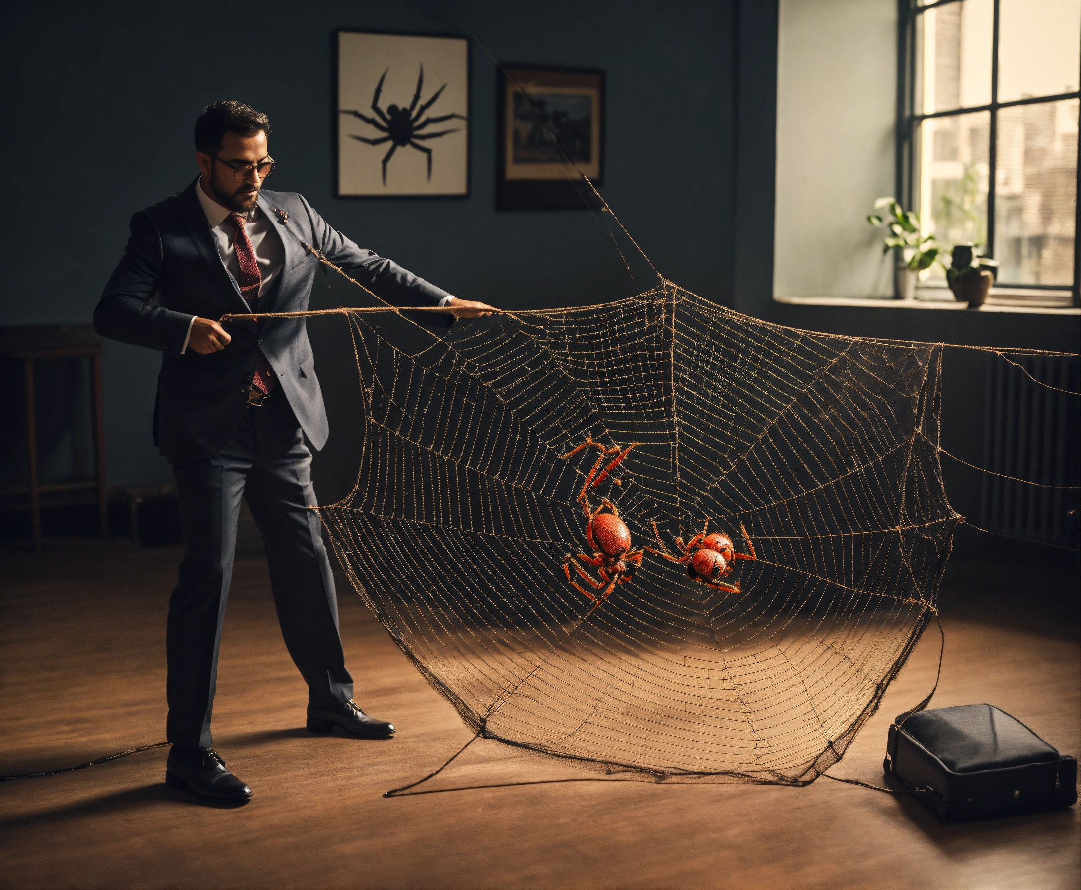 Lexica - Spider making a net, dressed in a suit like a businesman