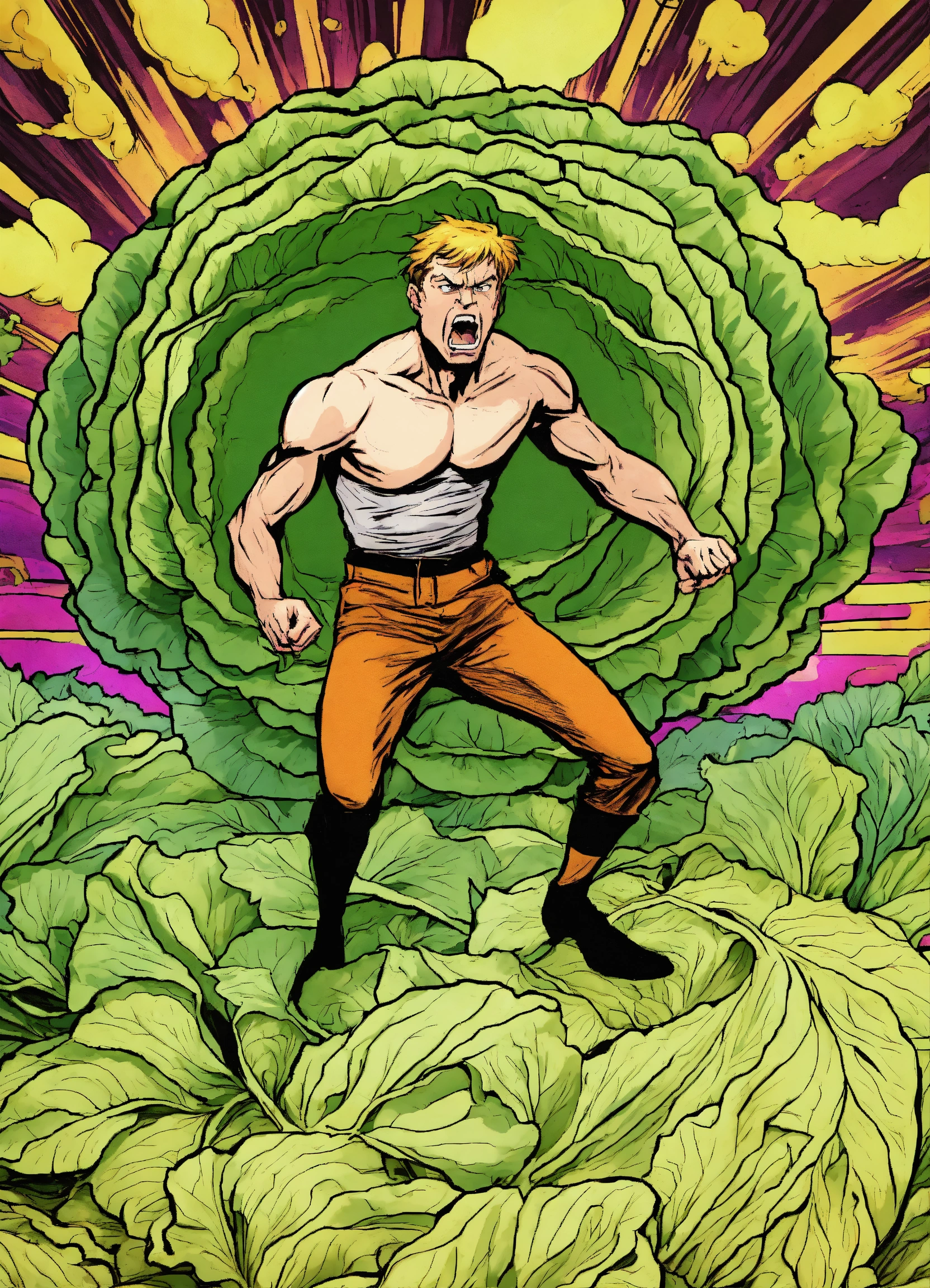 Lexica - An aggressive man get into the cabbage. comics, psychedelic background
