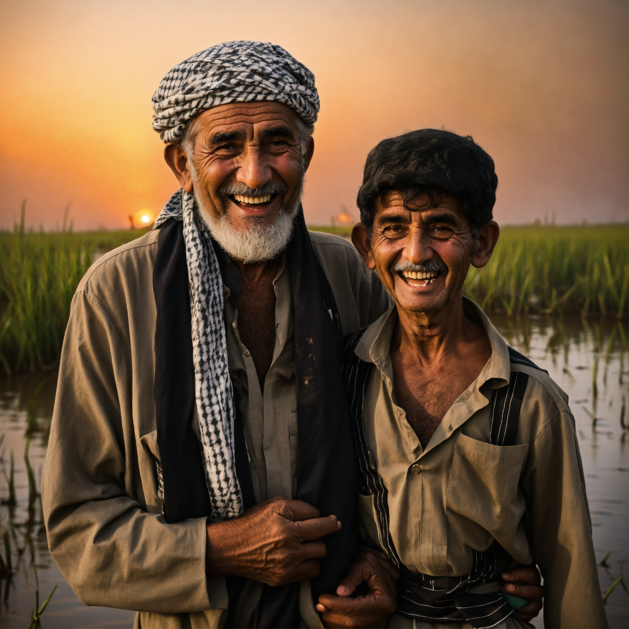 Lexica - An old Iraqi man and his young son laughing, standing together ...