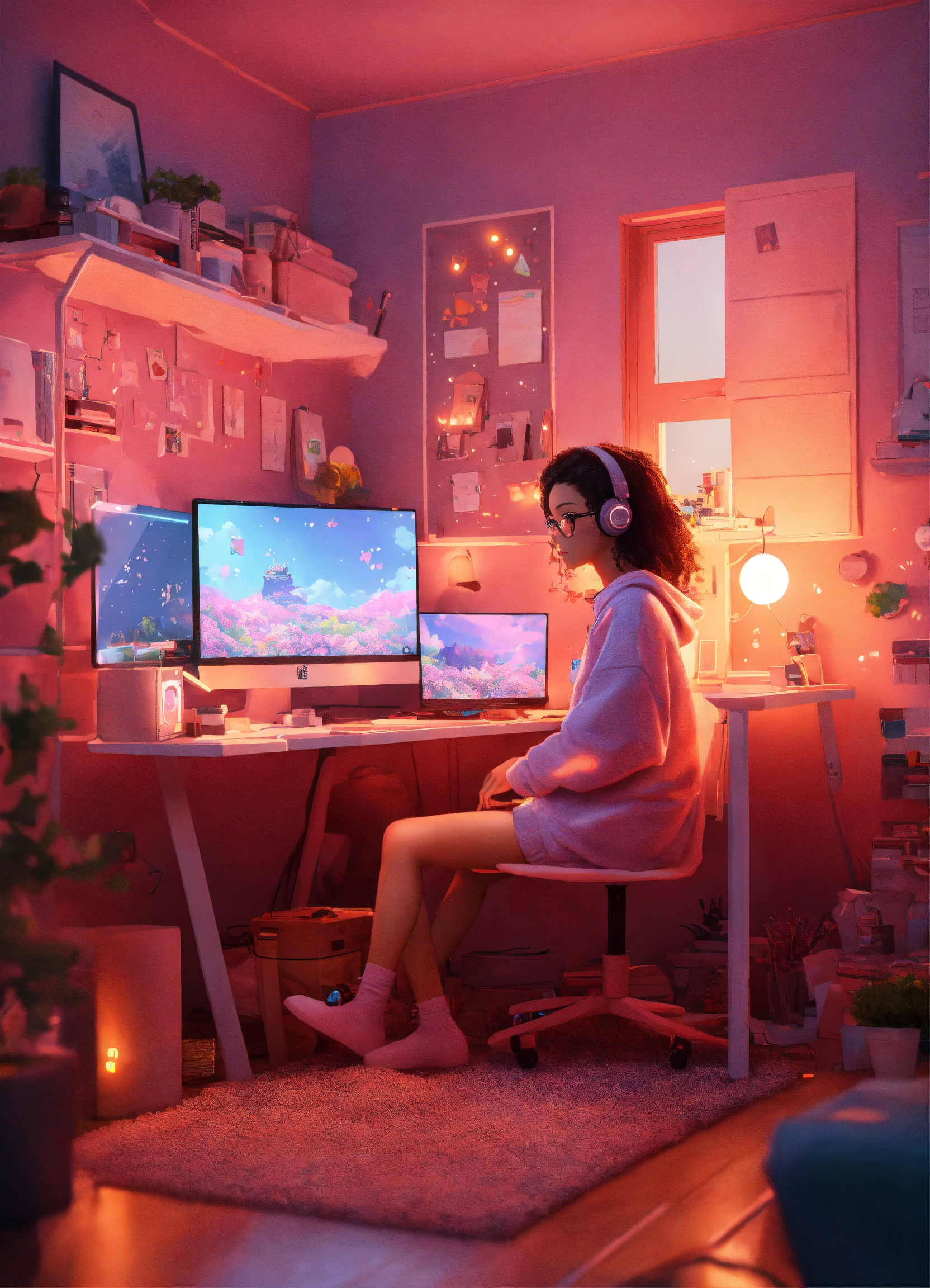 Lexica - Cute lofi girl in front of his computer in her cozy and messy ...