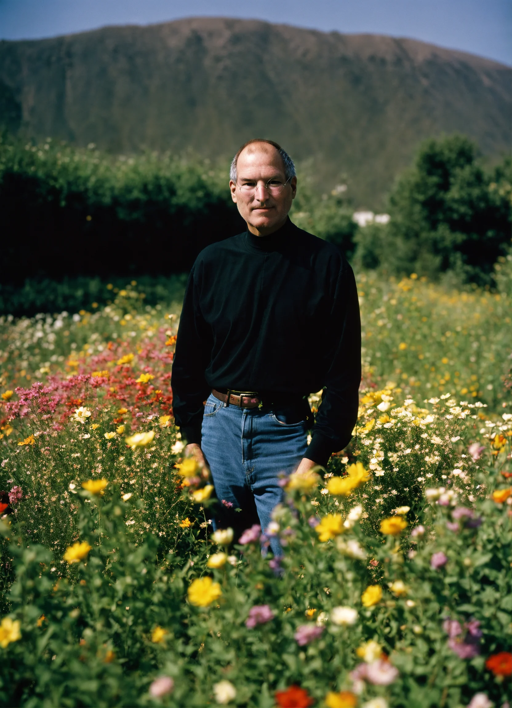 Lexica - Happy Steve Jobs standing in a beautiful field of flowers ...