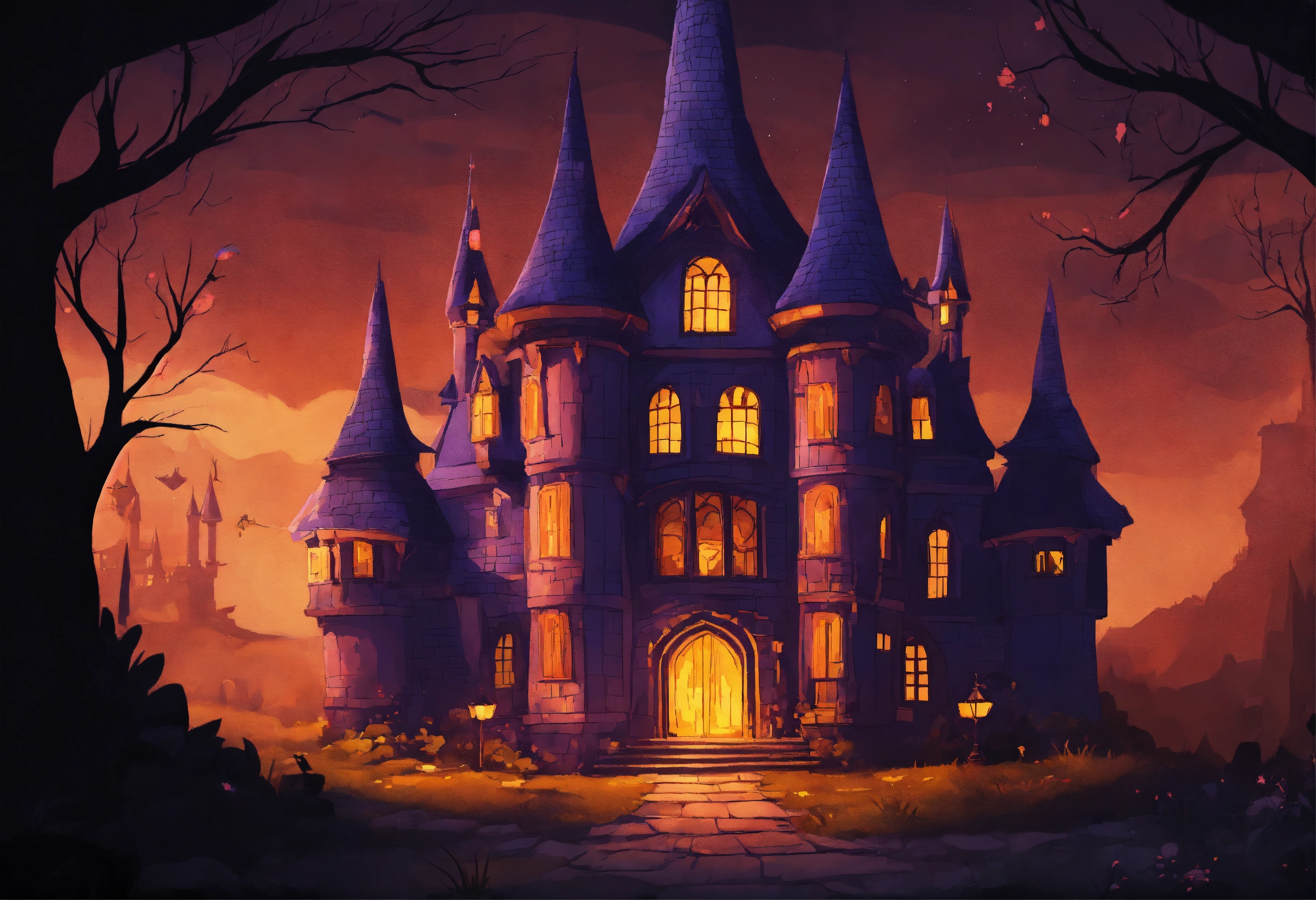 Lexica - Cartoon fairy taie style image inside witch scary big castle ...