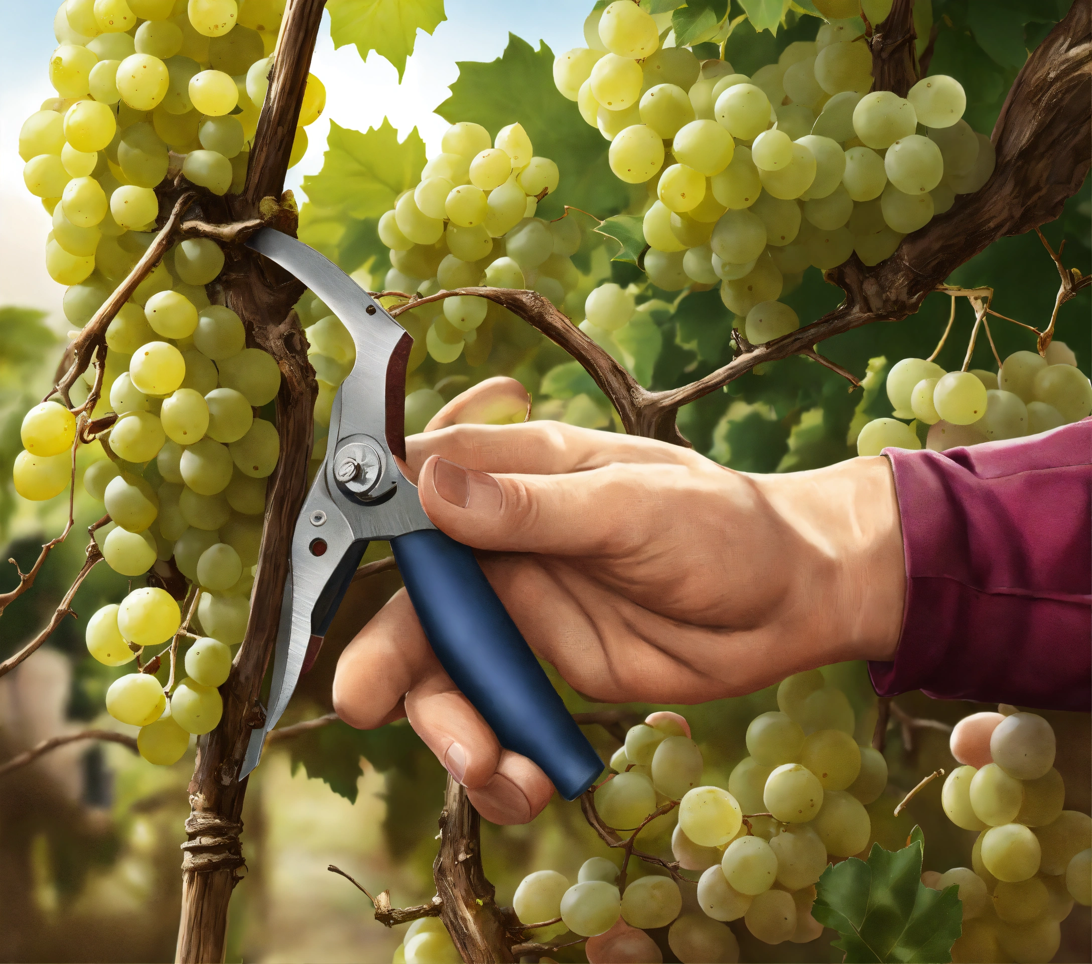 Lexica - A hand and secateurs, pruning a grape vine, detailed, sharp ...