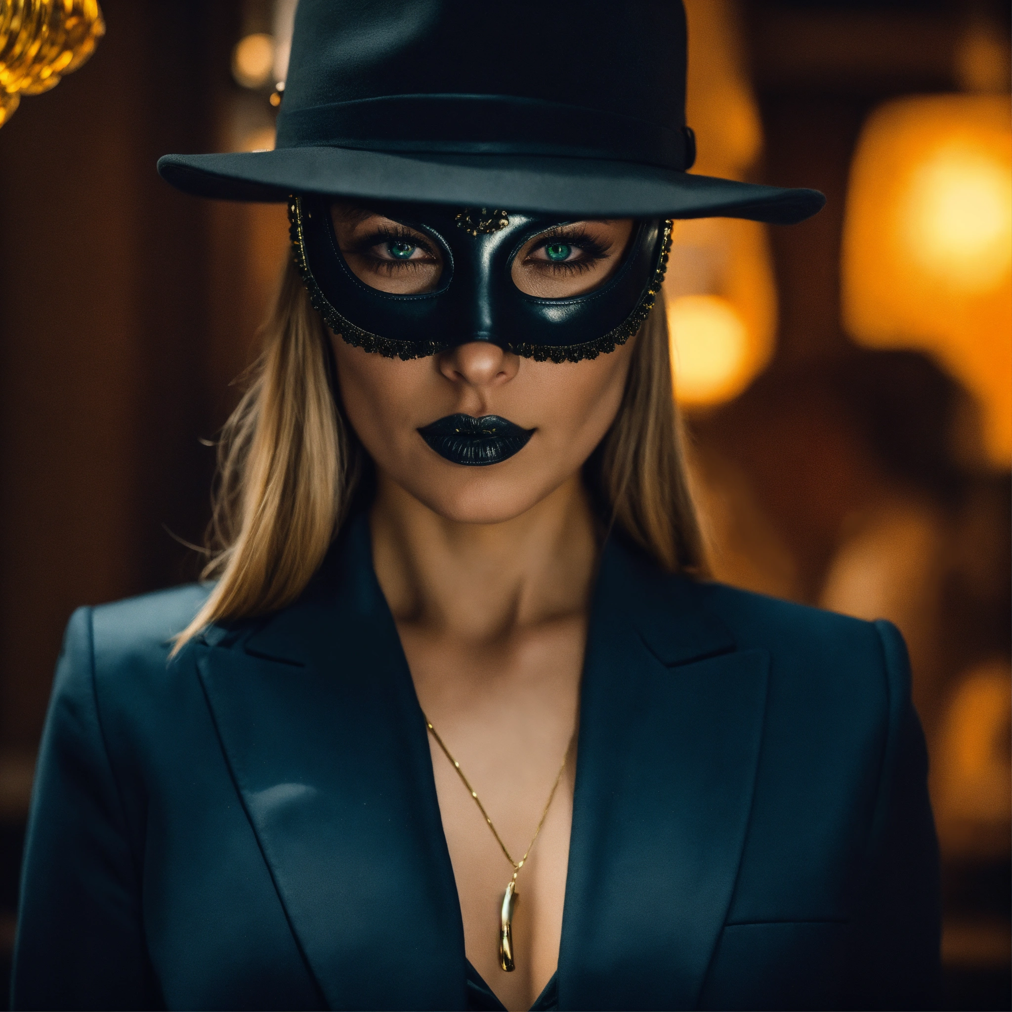 Lexica - Mafia boss lady mit einer Skimaske und Amber eyes.