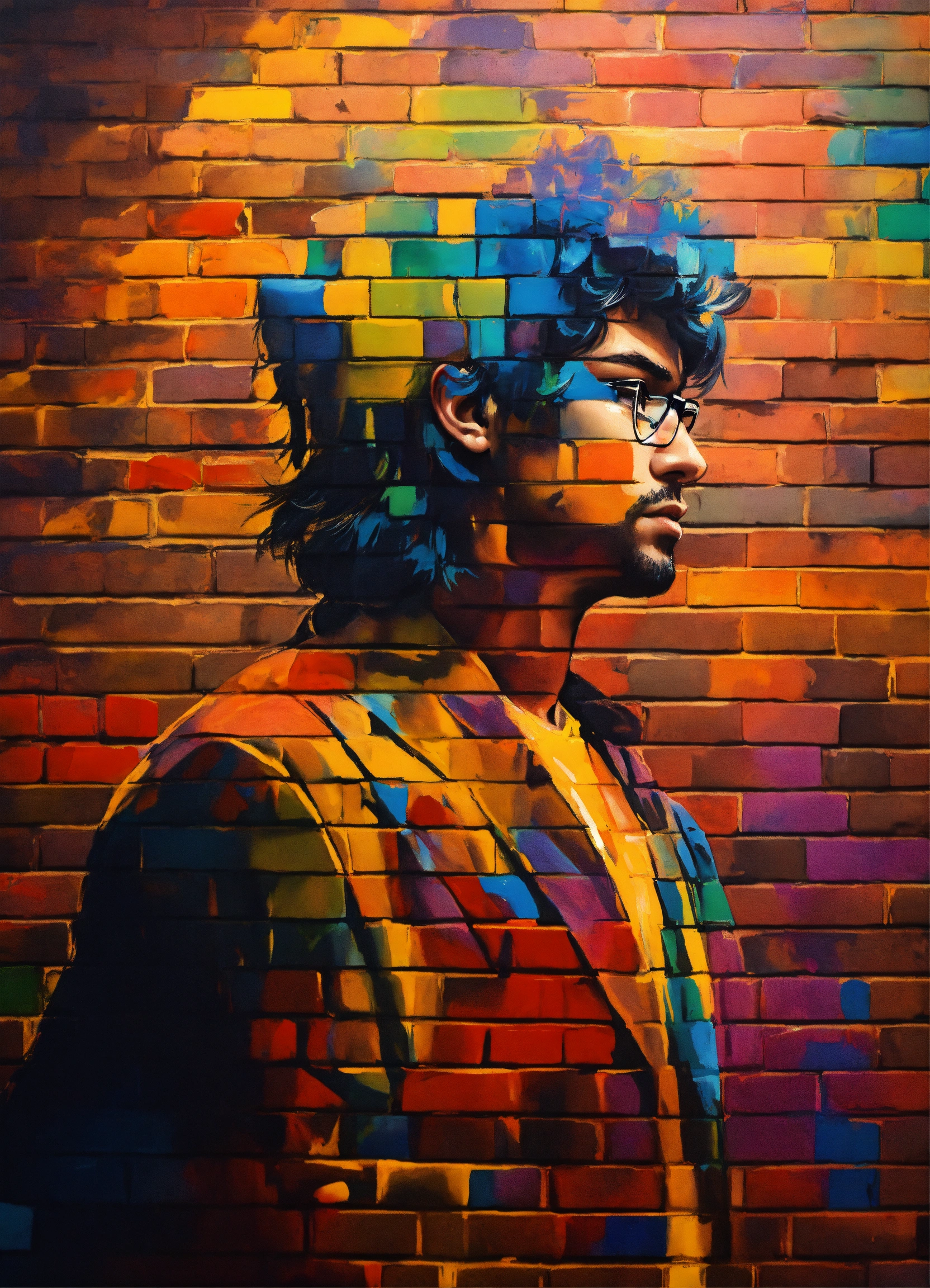 Lexica - Imagine a man painted on a brick wall. This man is in several ...
