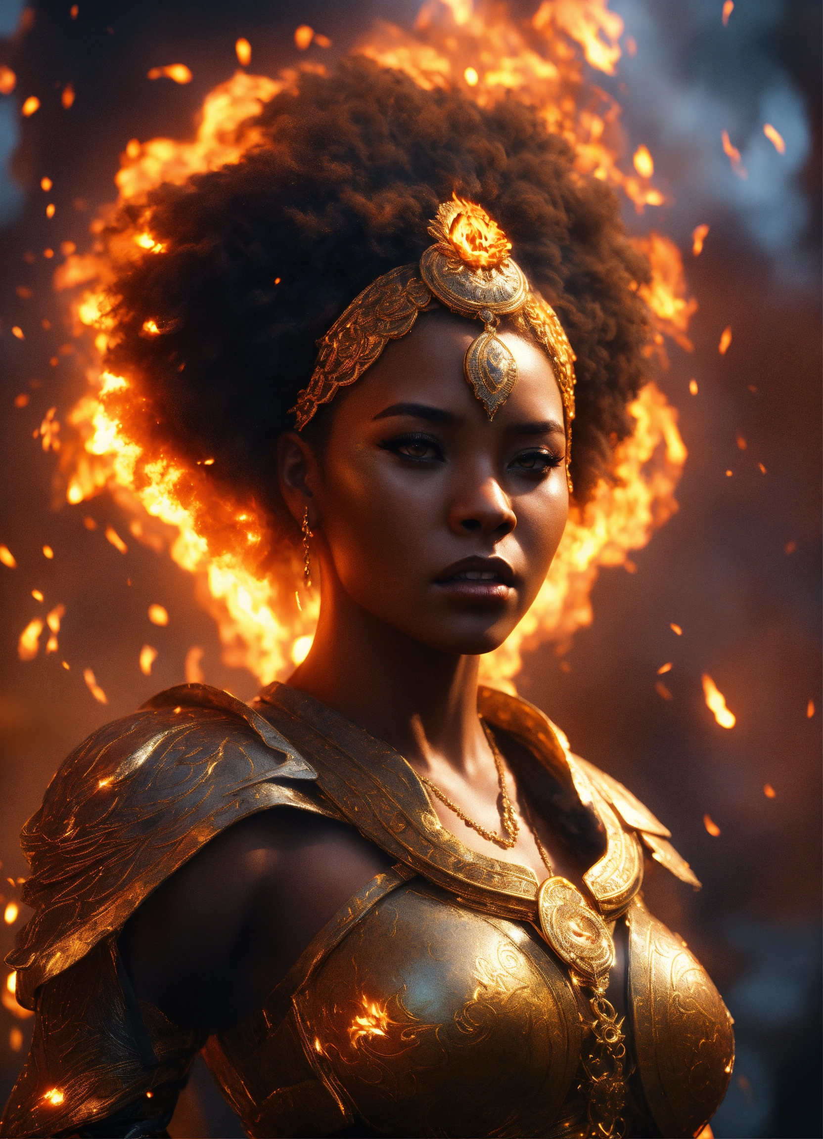 Lexica - "legendary fire goddess", huge flaming hair, black skin ...
