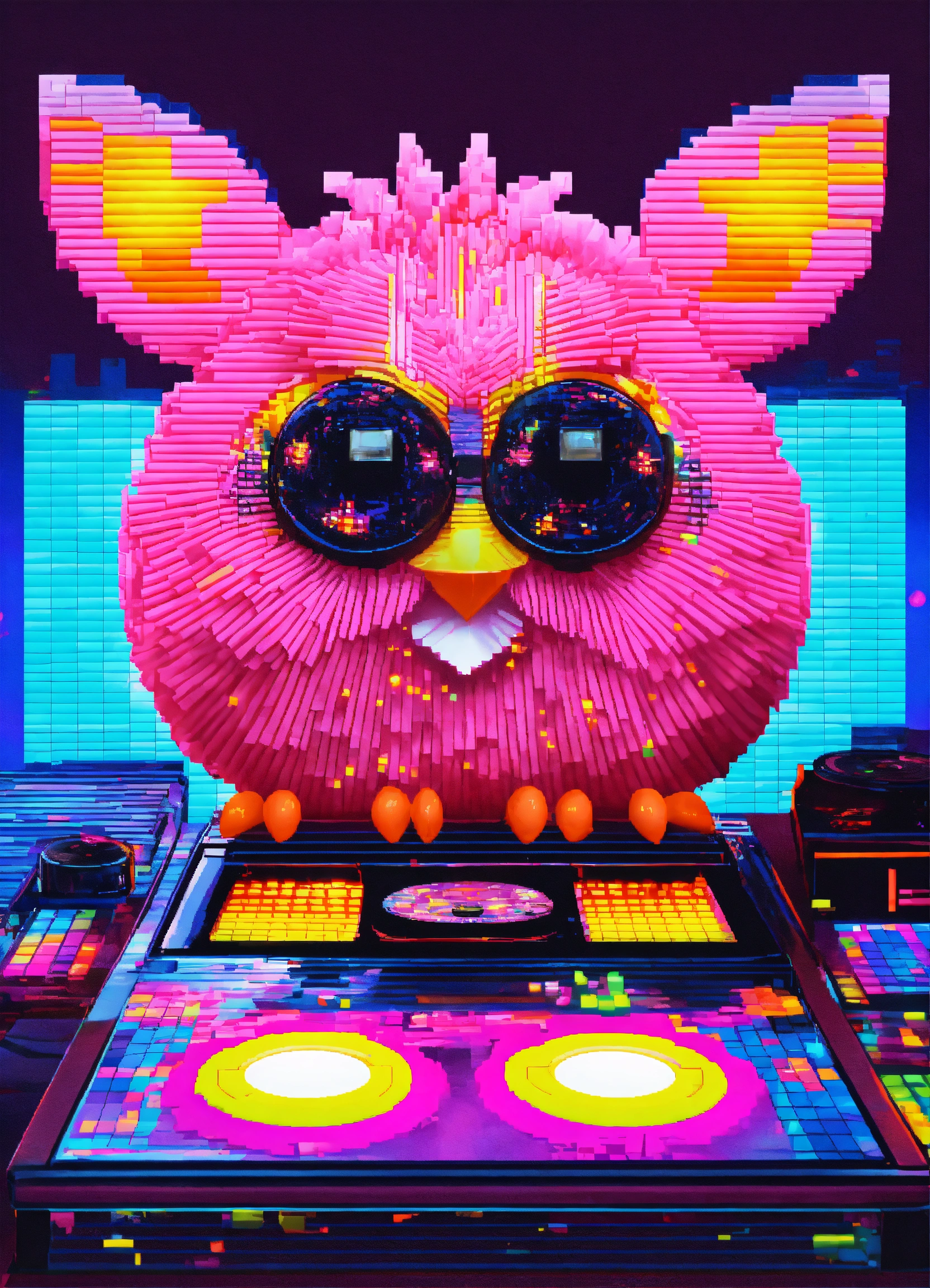 Lexica - Furby DJ spinning tracks, Lite-Brite dance floor, pastel neon ...