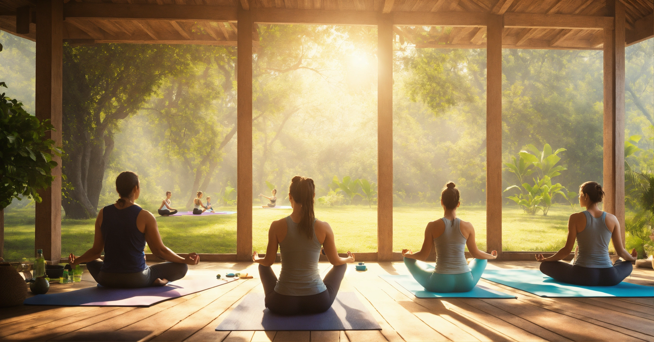 Lexica - Create an a photo realistic 'yoga retreat,' featuring a groupe ...