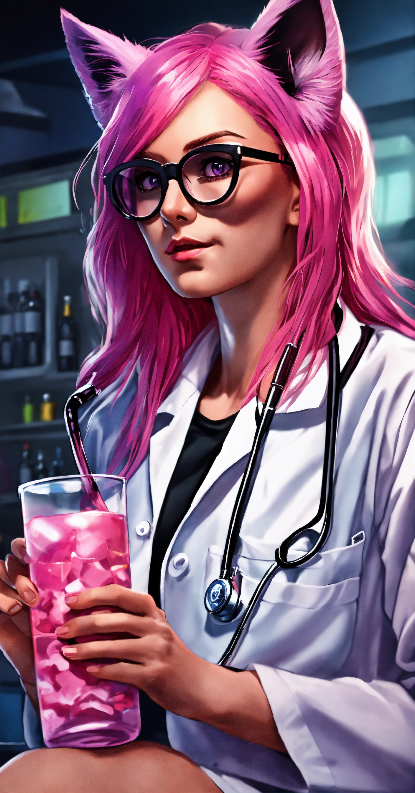Lexica - Female doctor, with long pink hair, with cat ears disguise ...