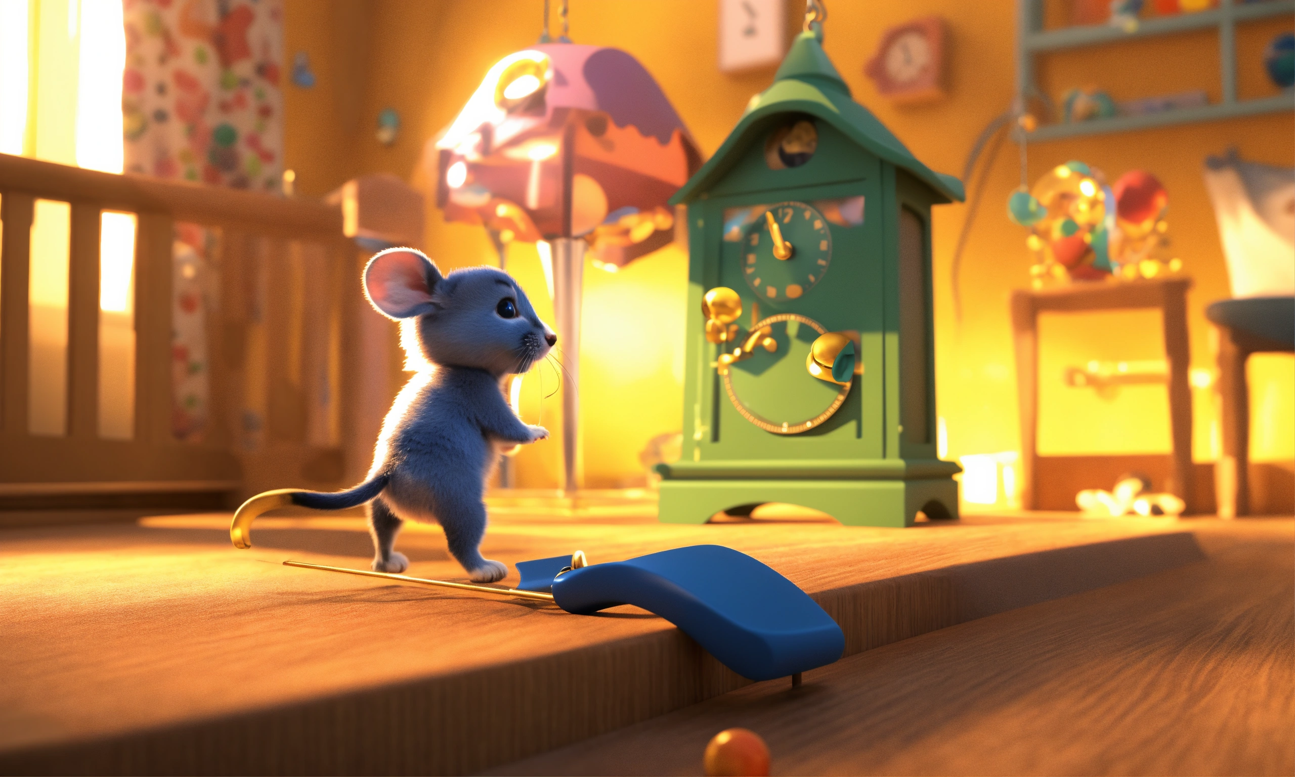 Lexica - A cute mause climbing the pendulum clock in the babies room ...