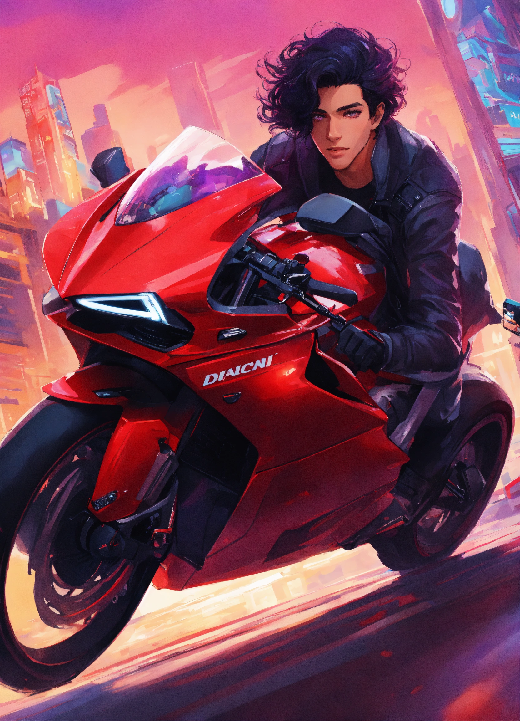 Lexica - Illustration of a city, young man with violet eyes, riding red ...