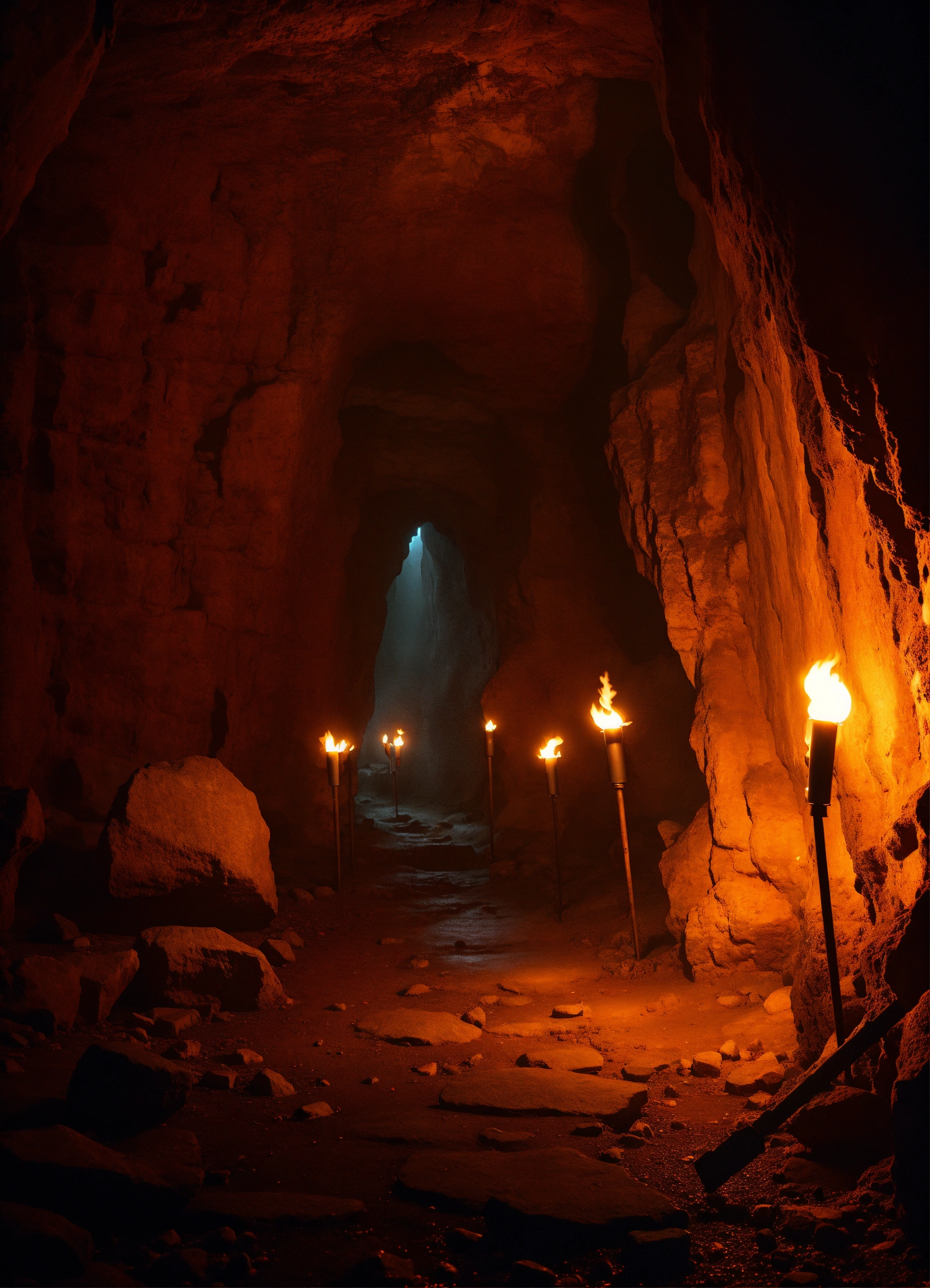 Lexica - Very Dark Cave Hallway, dark orange torches