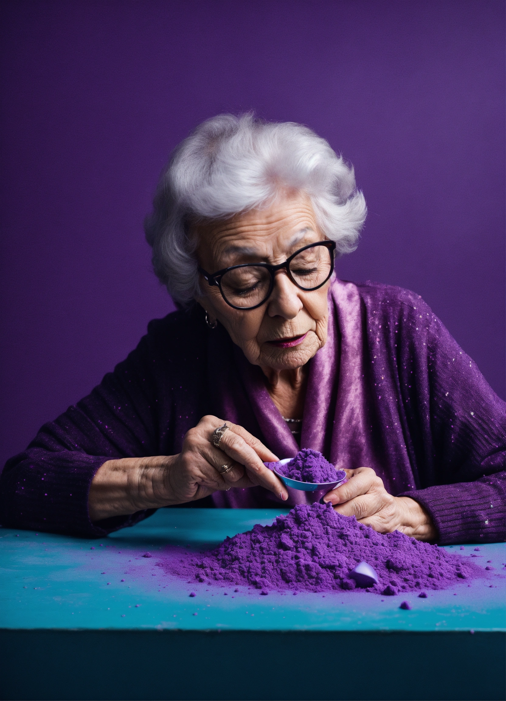 Lexica - A crazy grandma snorting purple powder on a table