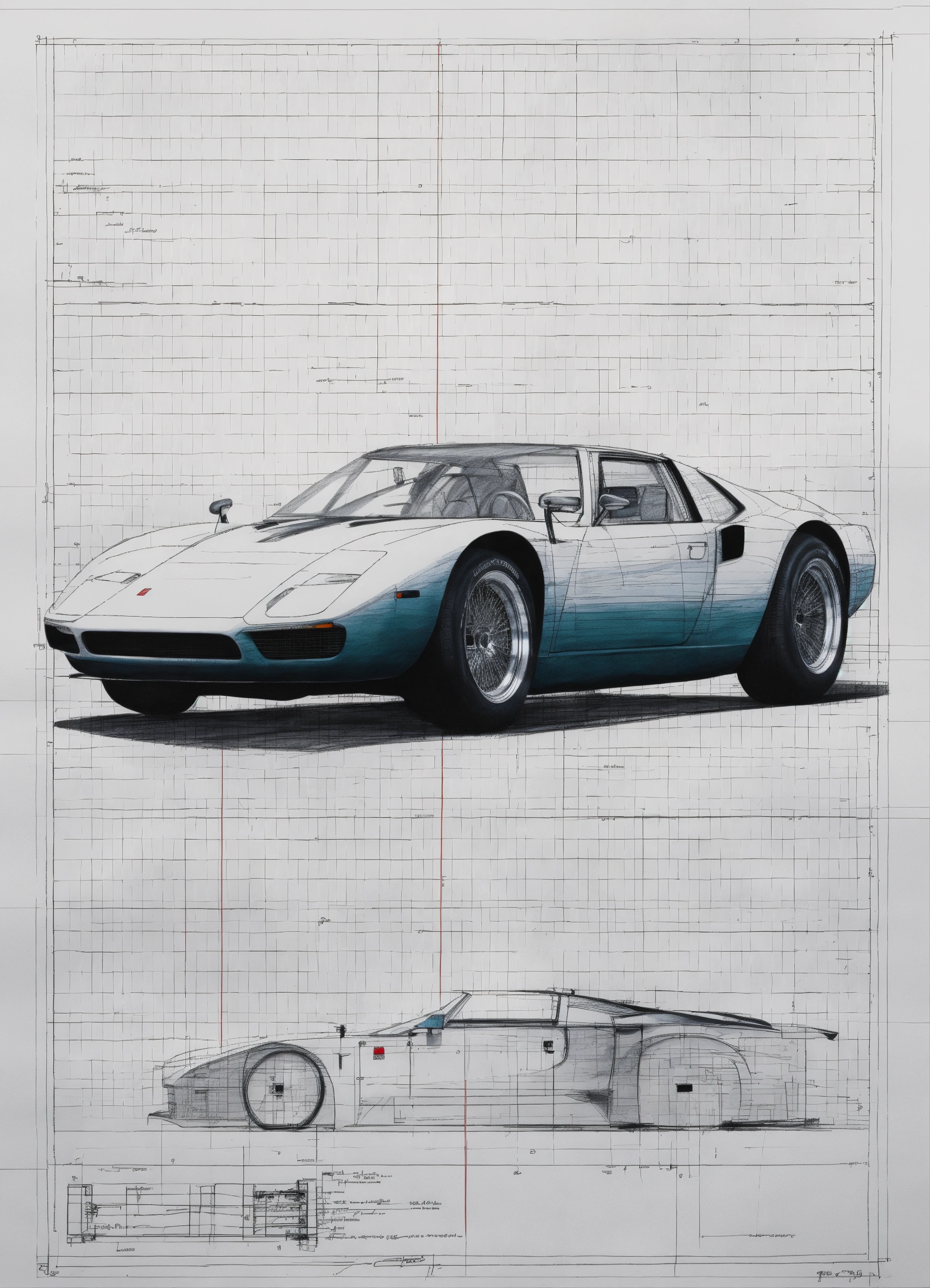 Lexica - Vehicle design technical drawing, on white grid paper fading ...