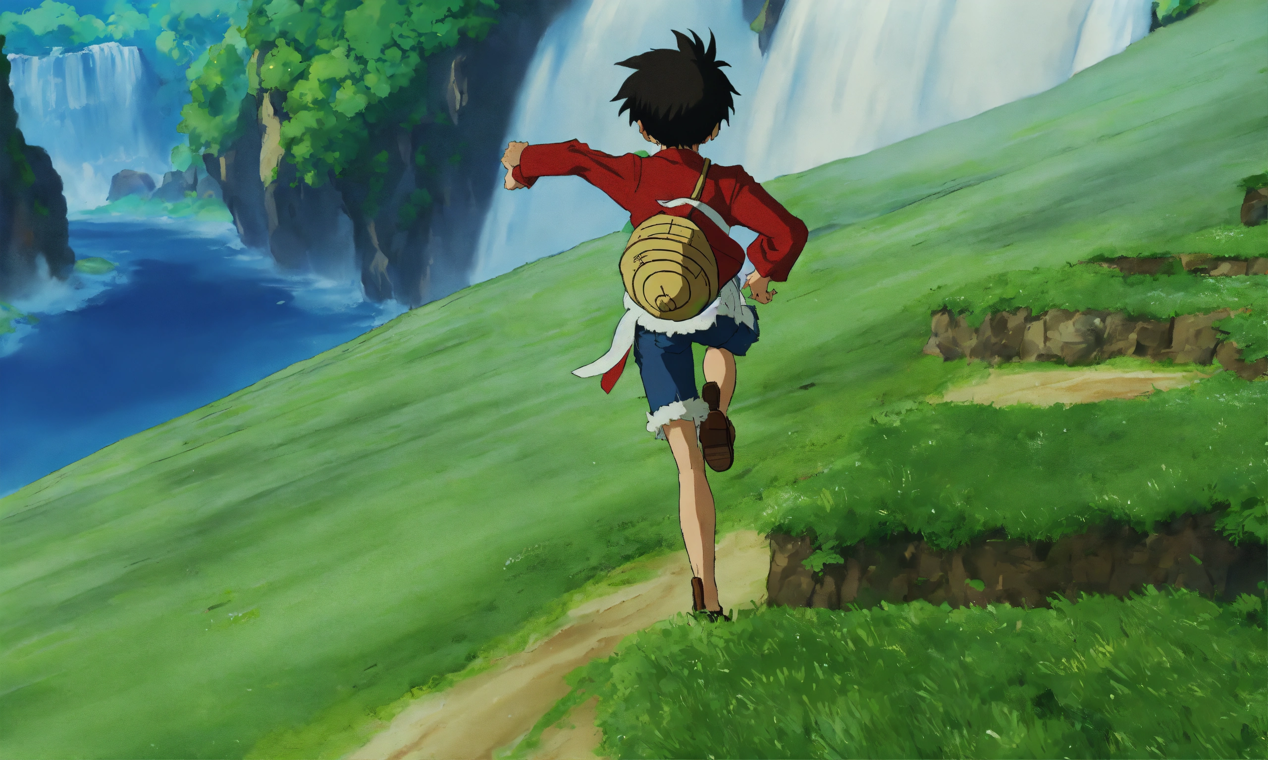 Lexica - Monkey D. Luffy running towards a large blue waterfall in the ...