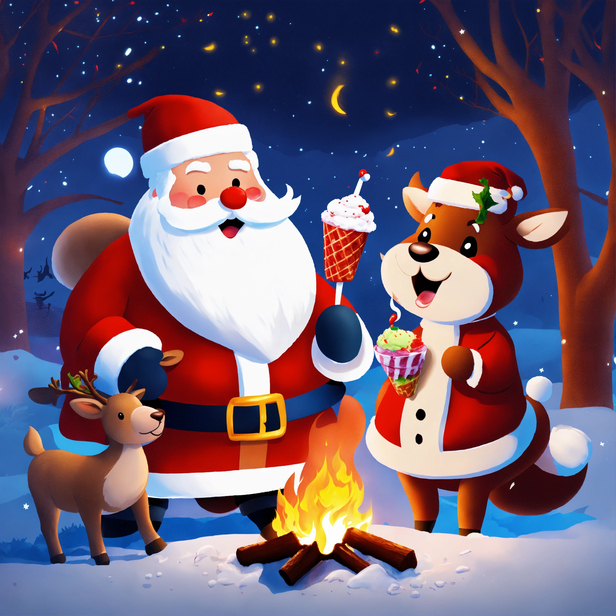 Lexica - Santa claus and rudolph eating a icecream around a bonfire ...