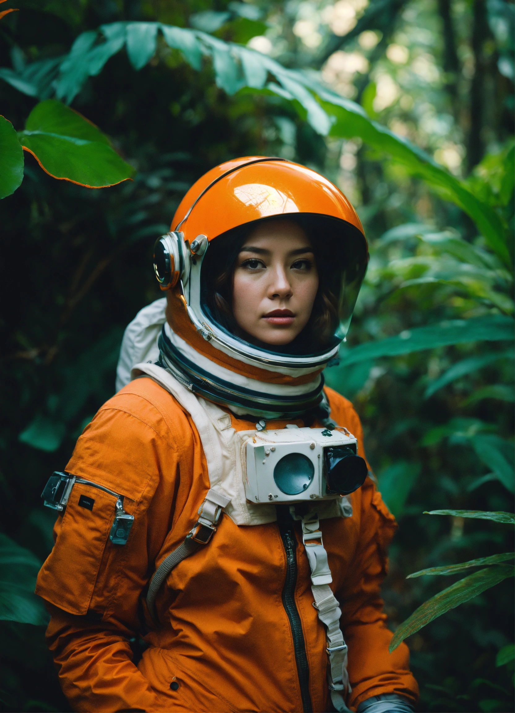 Lexica - Waist-up, muted photo portrait titled "female Astronaut in a ...