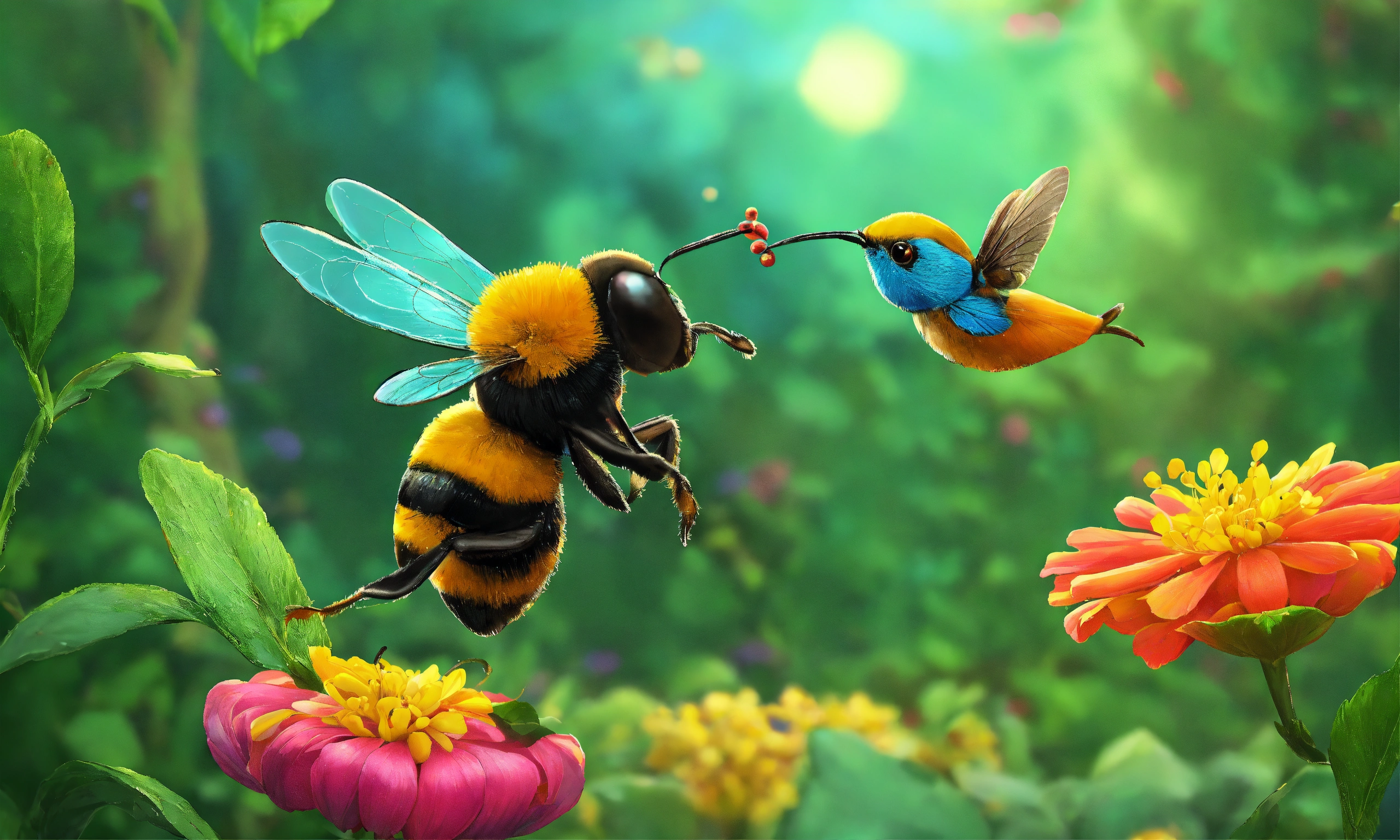 Lexica - Abeja Maya Y un colibrí, muy colorido, EN LA MISMA ESCENA ...