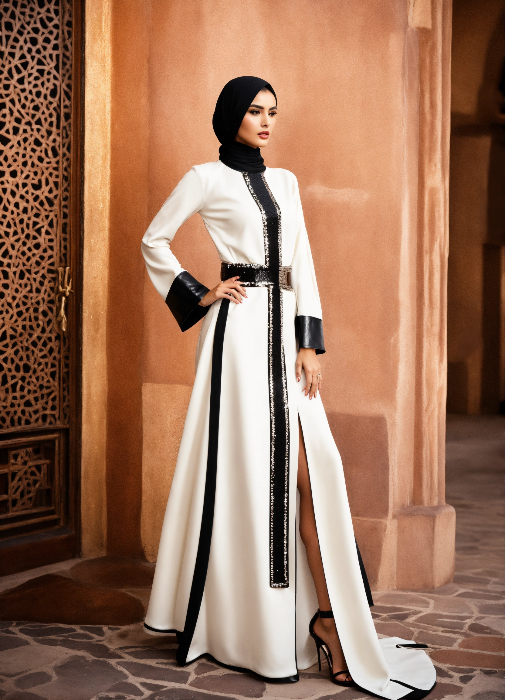 Lexica - Beautiful Arab women model, wearing luxury dress caftan white ...