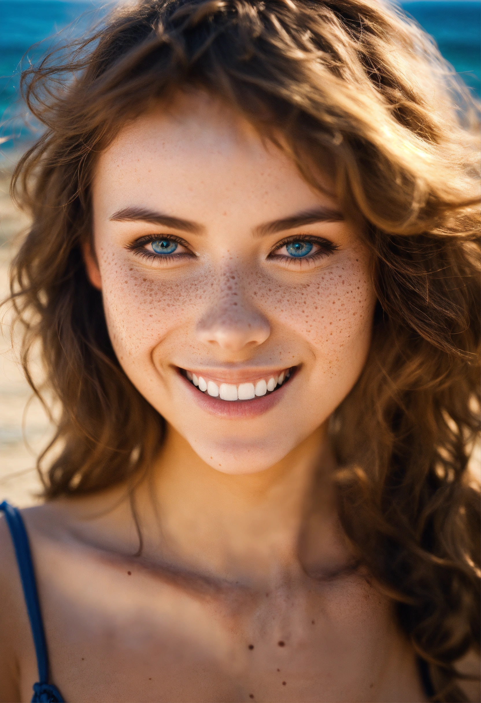 Lexica - Beautiful petite woman on the beach, smiling, freckles, wavy ...