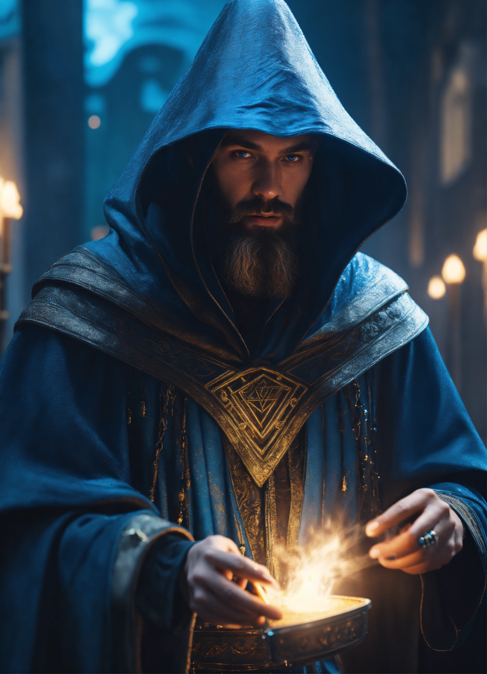Lexica - A black and blue cloaked wizard casting a spell, cyberpunk style, 8k, hyper realistic