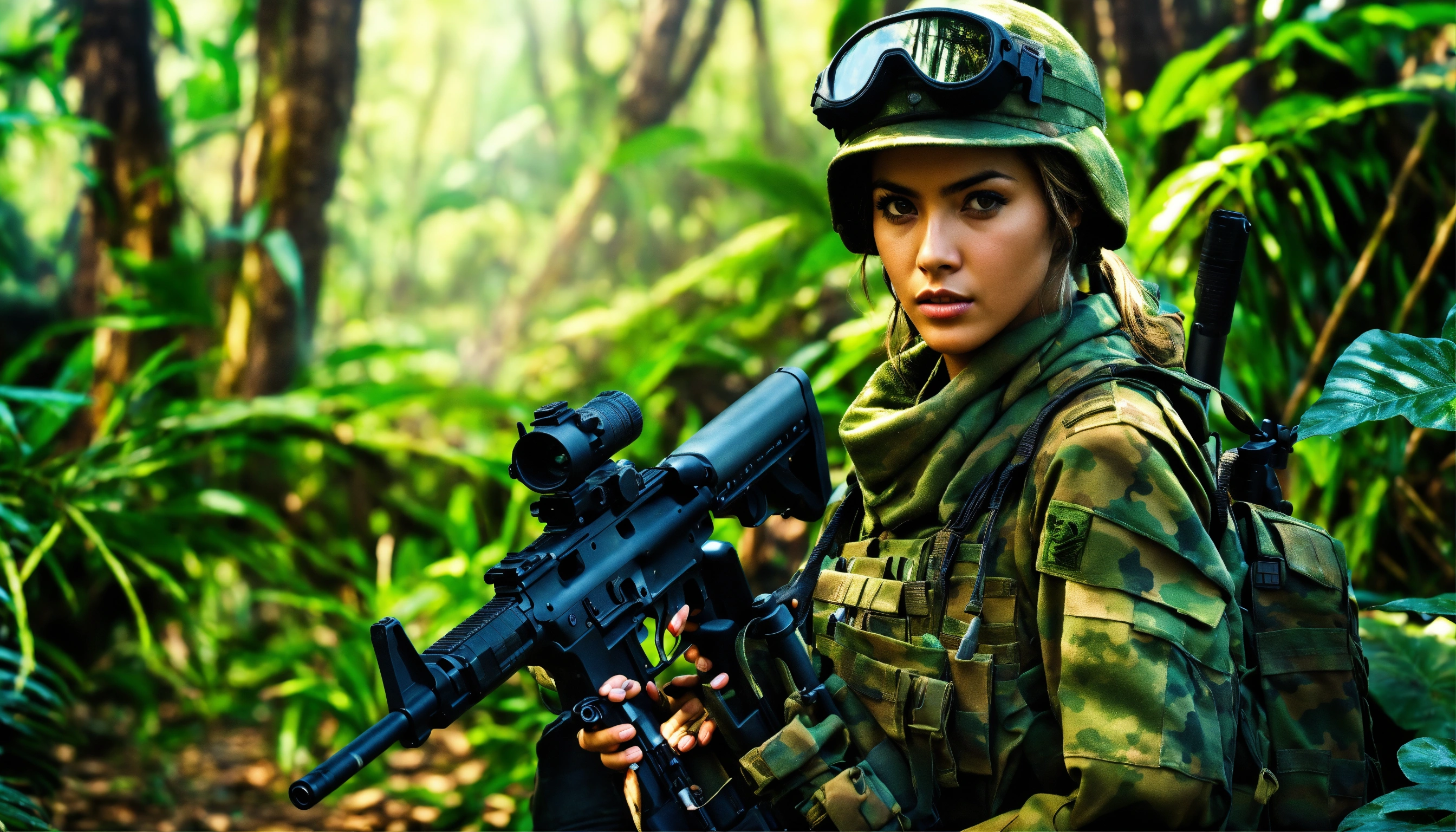 Lexica - Female commandos in jungle, perfect face, full camouflage, HDR ...