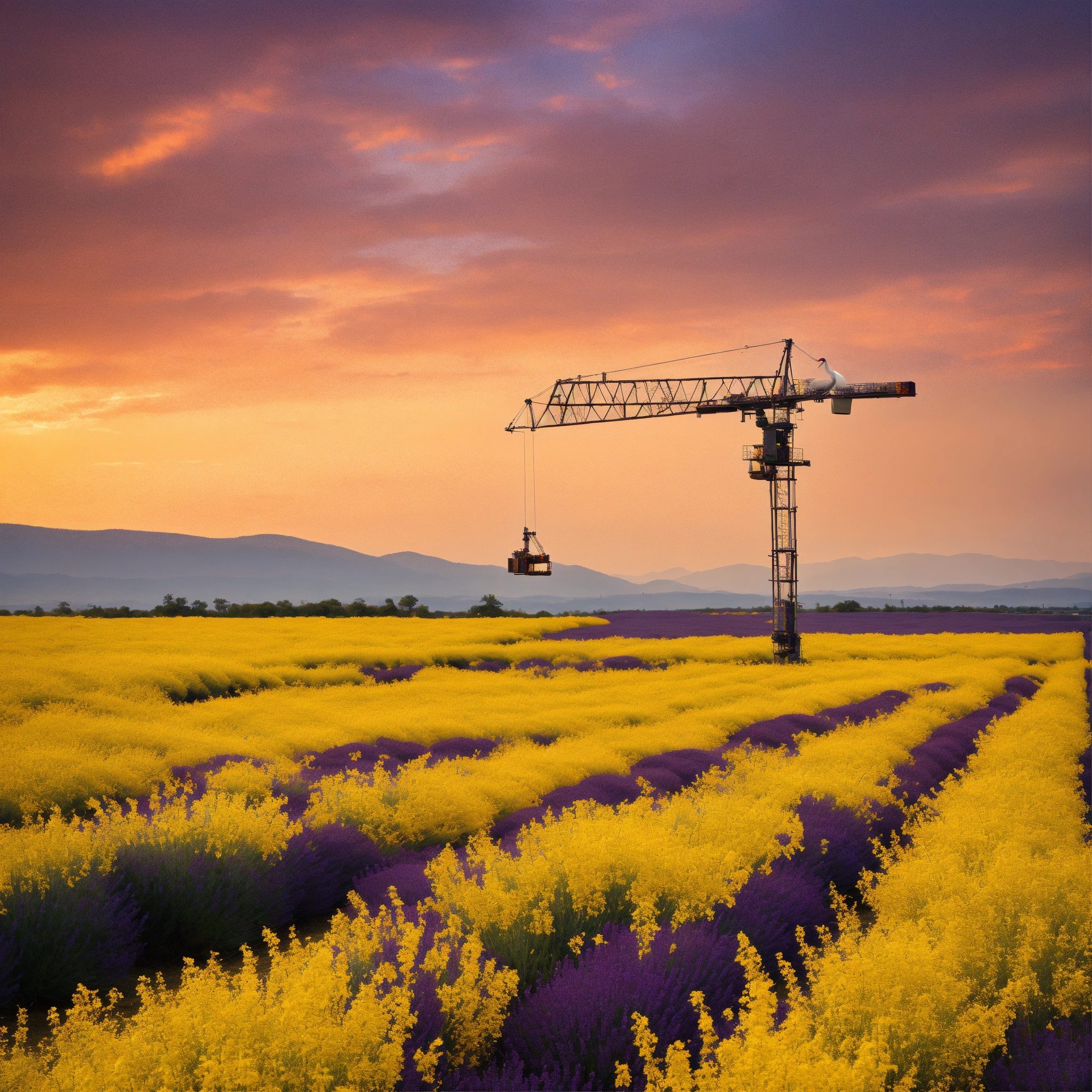 Lexica - A white noble crane in the center of vast yellow lavender field