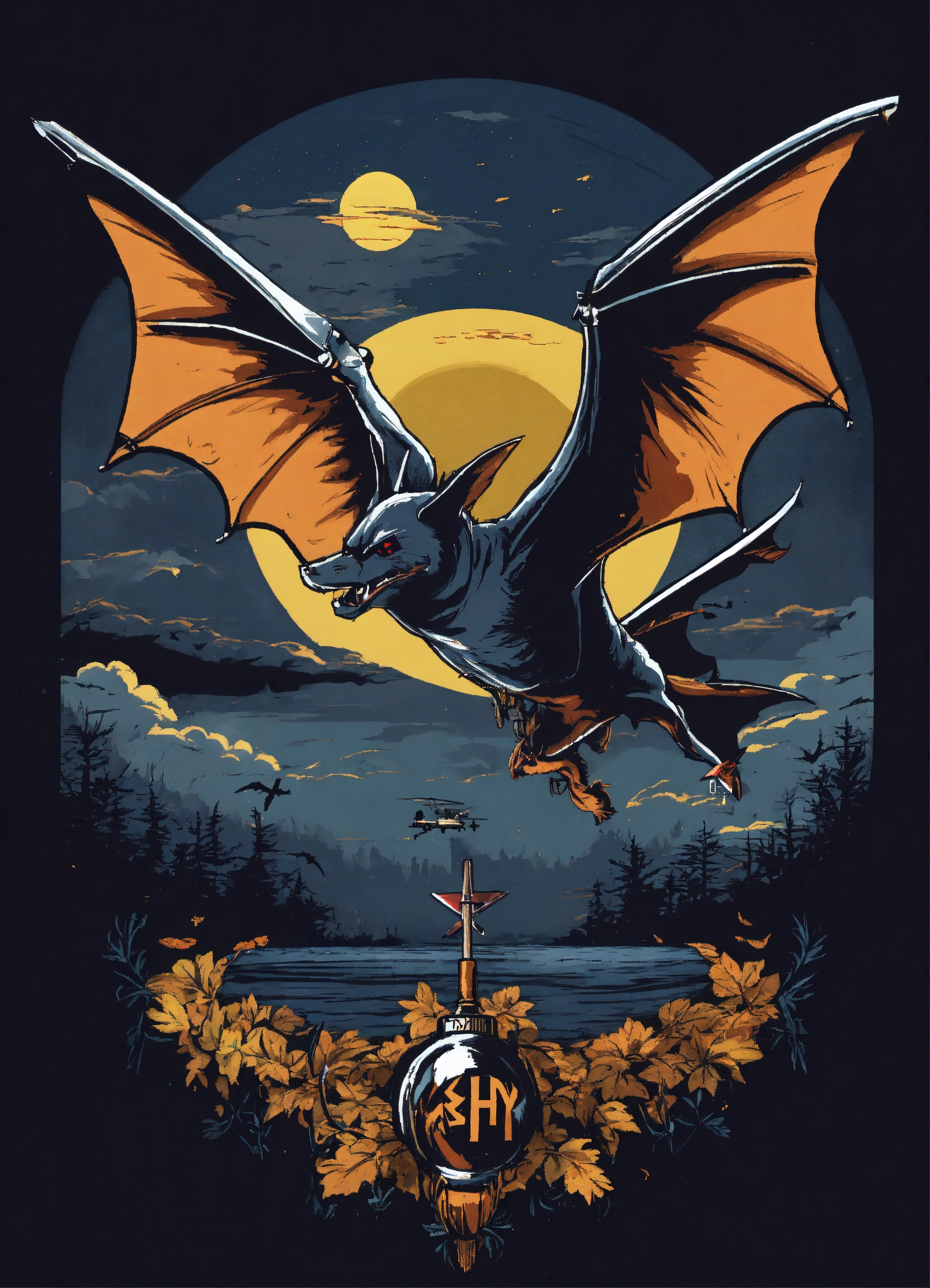 Lexica - T-shirt design, aggressive flying bat holding WWII bomb, dark sky