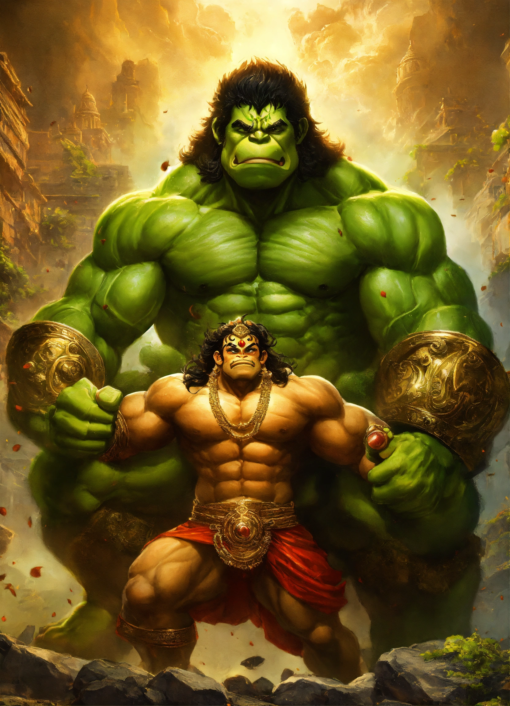 Lexica - Show Lord Hanuman fighting with Hulk and where Hulk is in pain ...