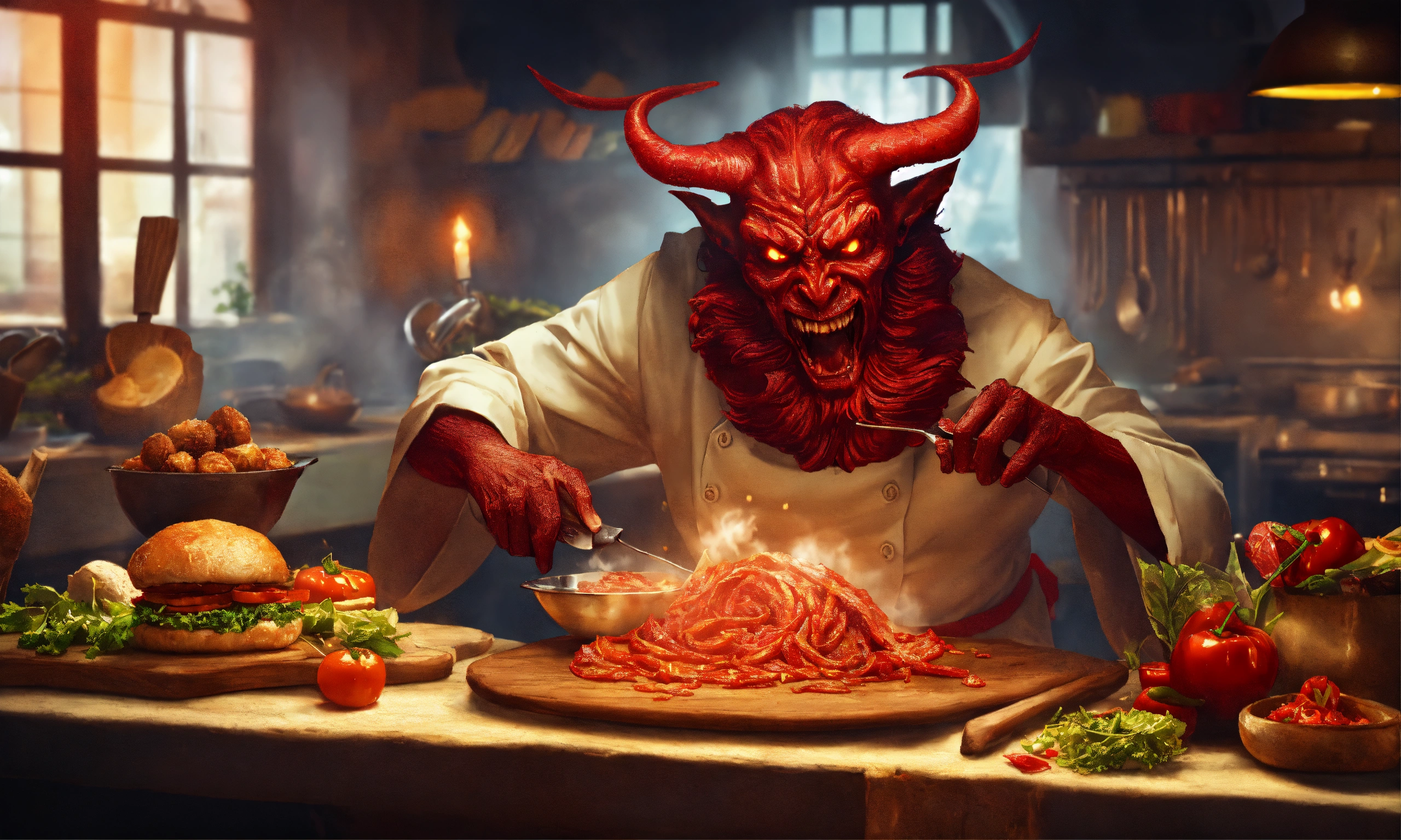 Lexica - Satan disguised as a chef casting his spell on the food