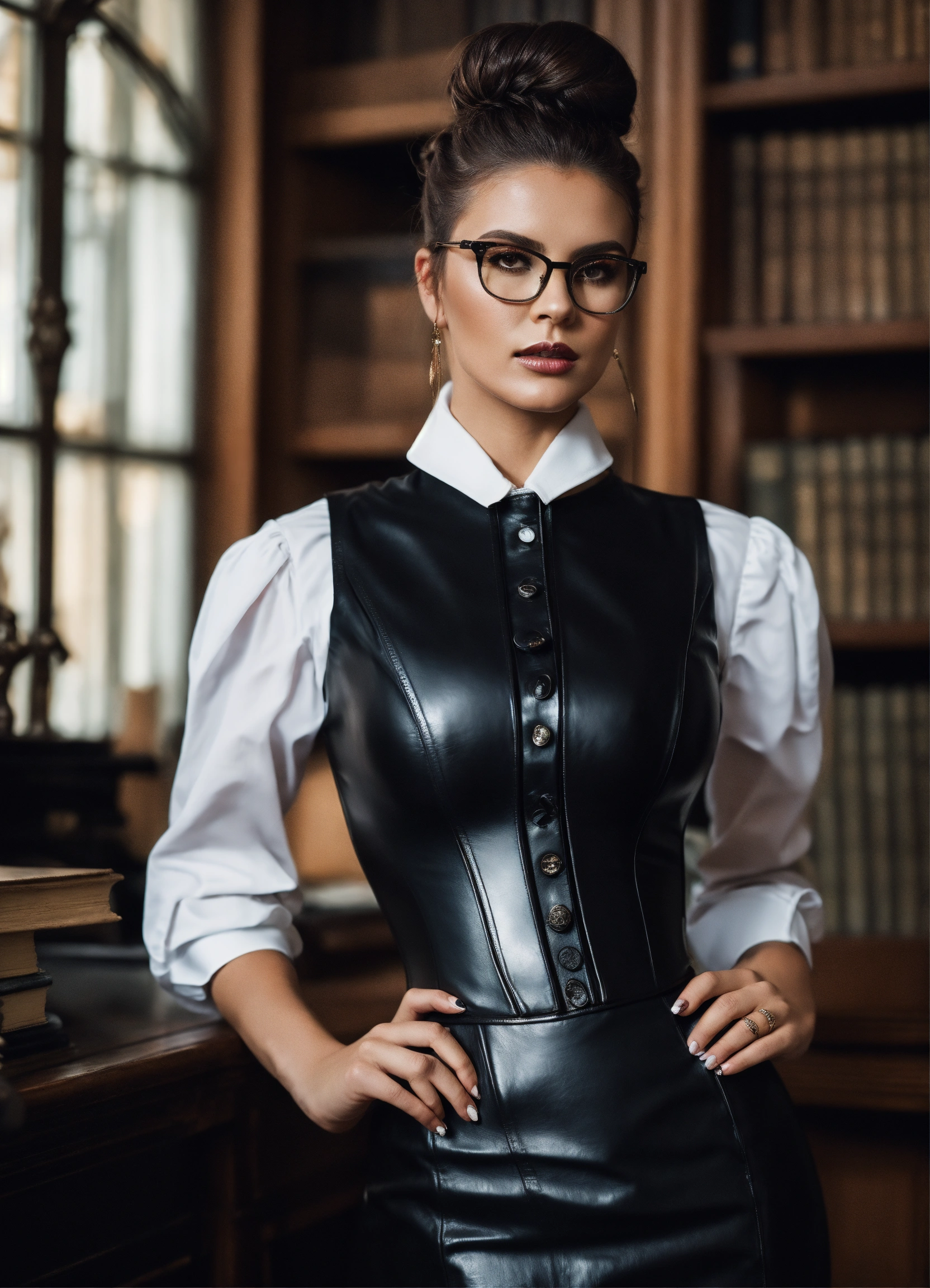 Lexica - Stunning french seductress woman fashion model, brunette hair bun, glasses, strict ...