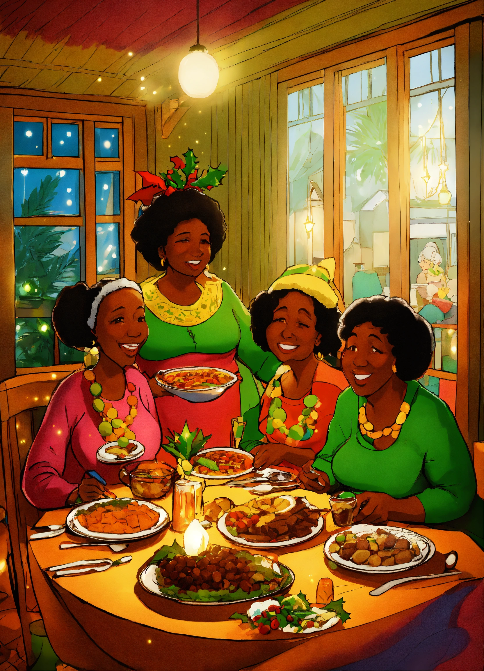 Lexica - Cartoon of Grandmother and family at jamaican christmas feast ...
