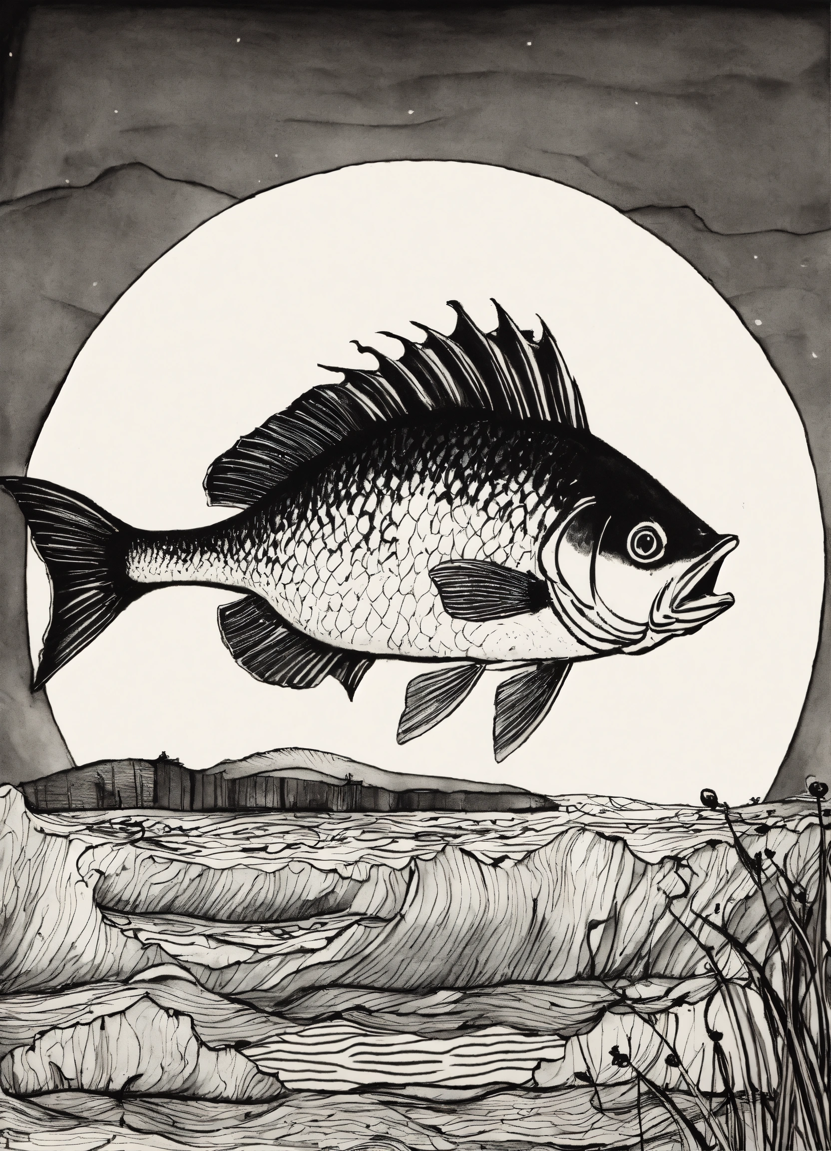 Lexica - Ink drawing of a fish playing baseball.
