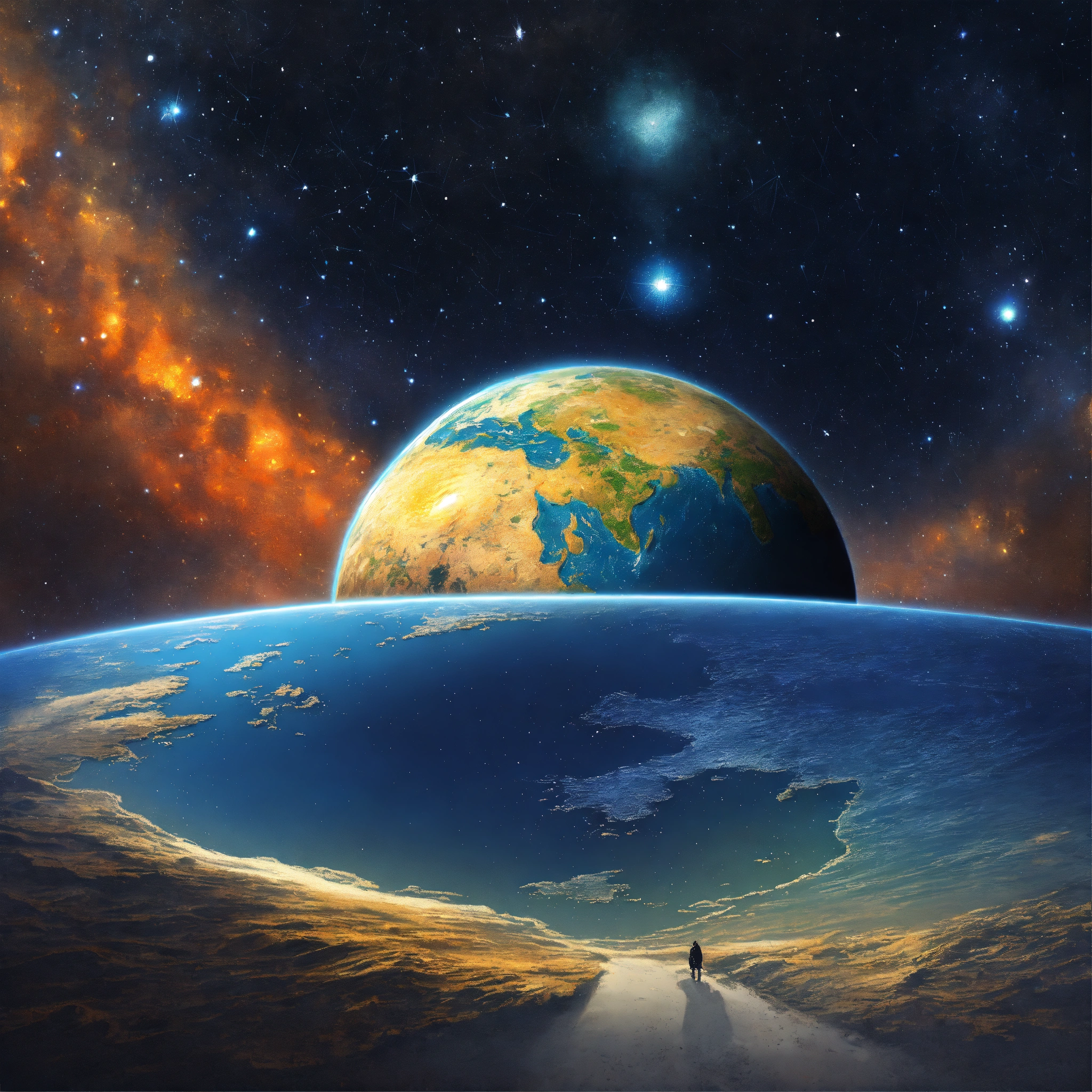 Lexica - Drawing of the earth, in the background a stellar starry night sky