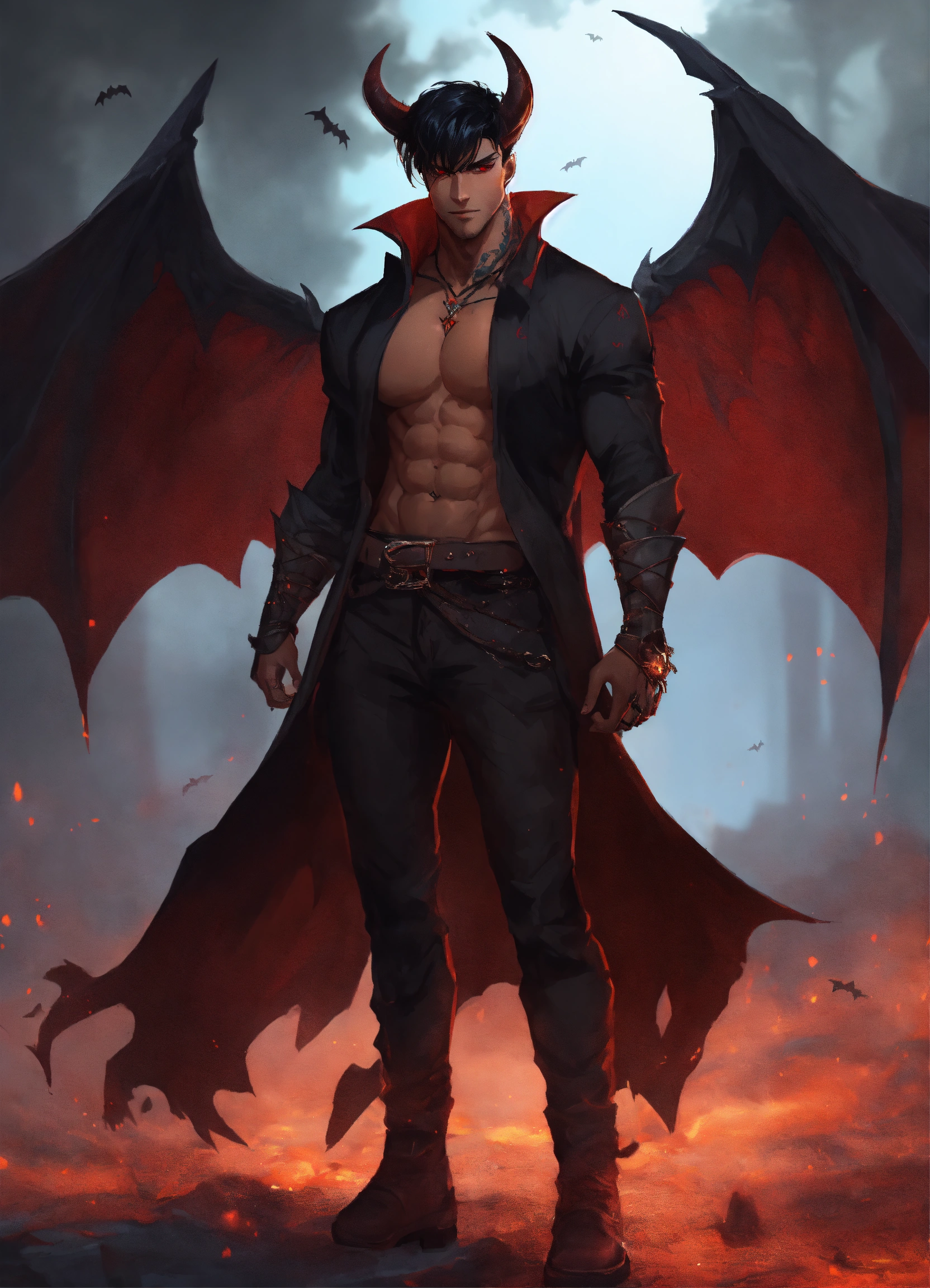 Lexica - A handsome demon man with broad shoulders, tan skin, huge bat ...