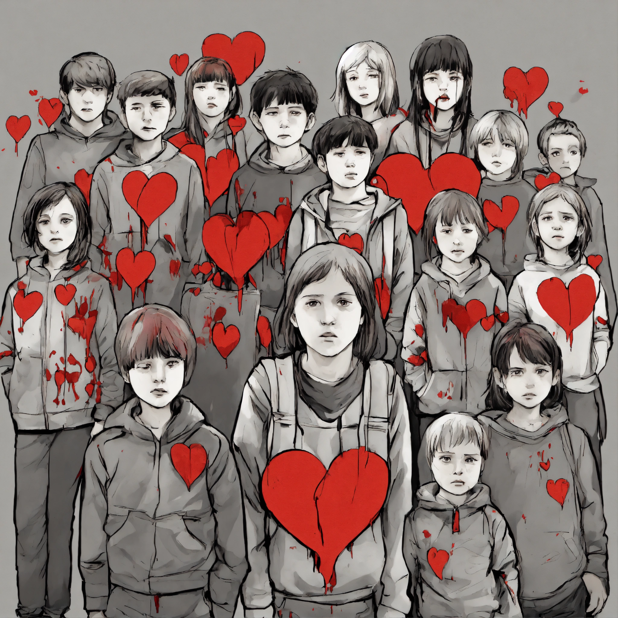 Lexica - Please generate a drawing of a big group of sad children and ...