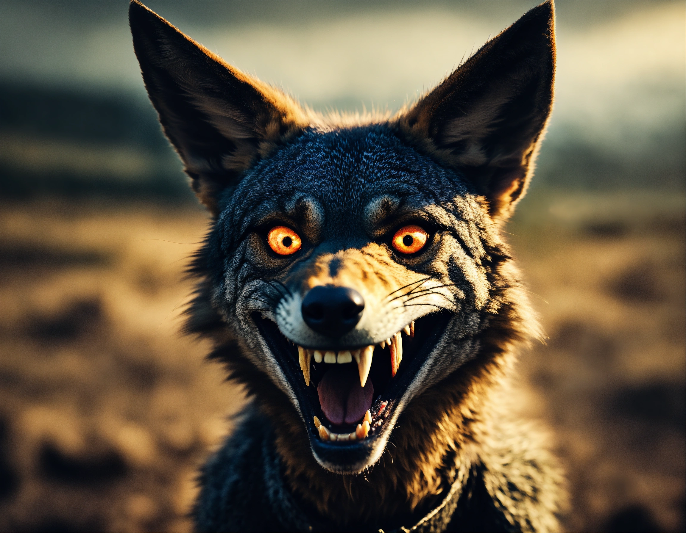 Lexica - One crazed slavering grinning evil jackal faces the camera ...