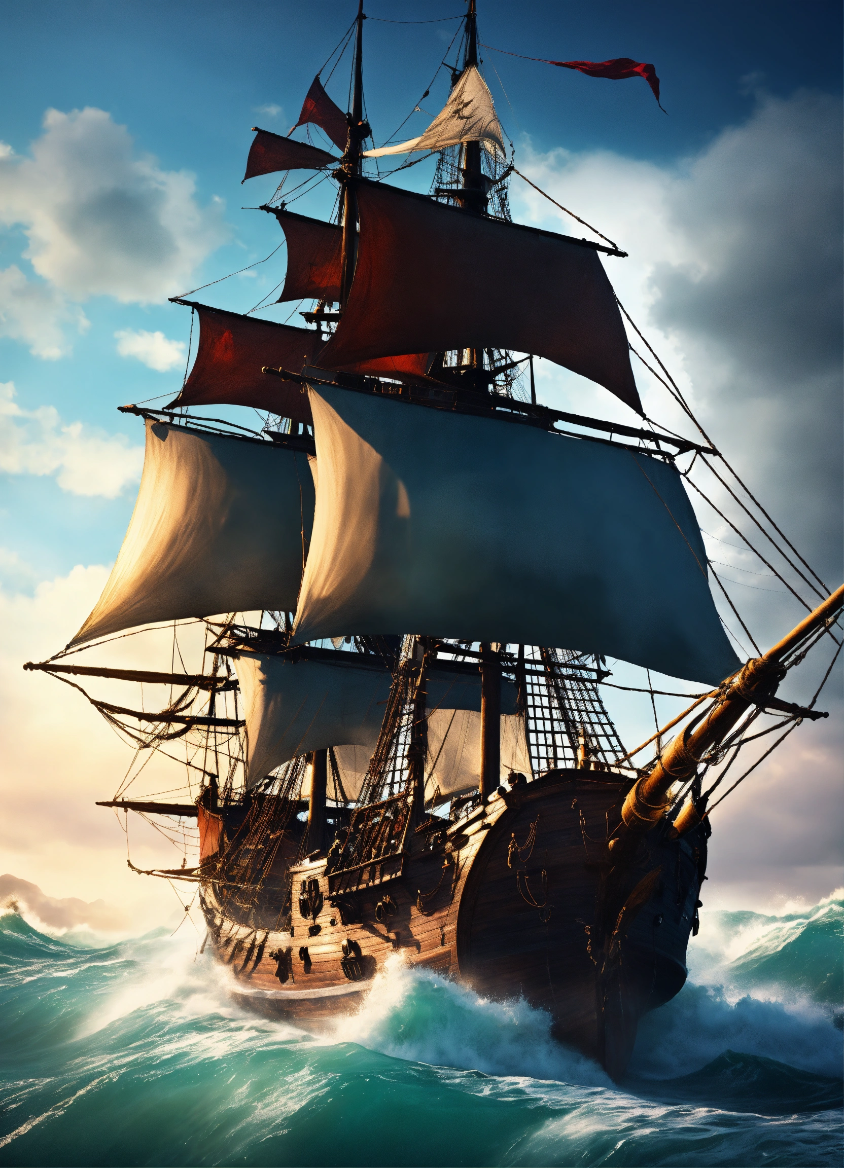 Lexica - Pirate ship damaged sails sailing forward in the waves of a ...