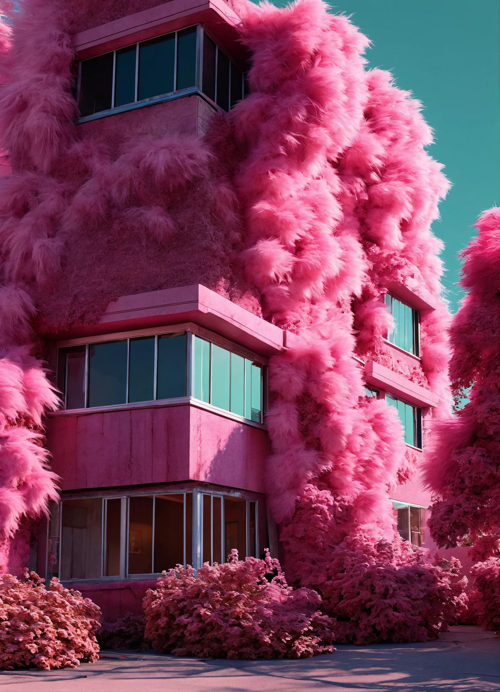 Lexica - A pink building covered with pink fur, in the style of ...