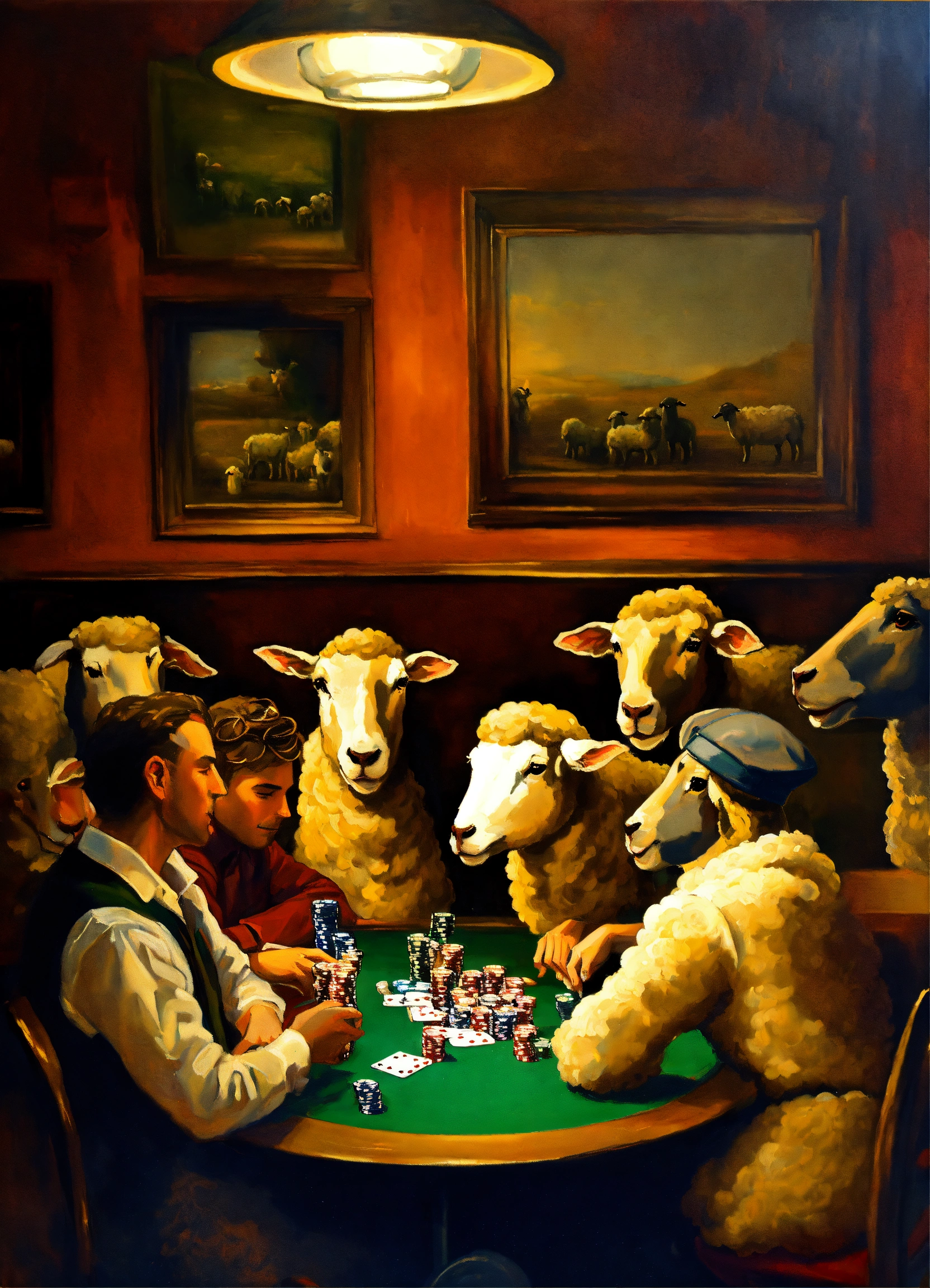 Lexica - Oil painting with some sheep drinking and playing poker, at a ...
