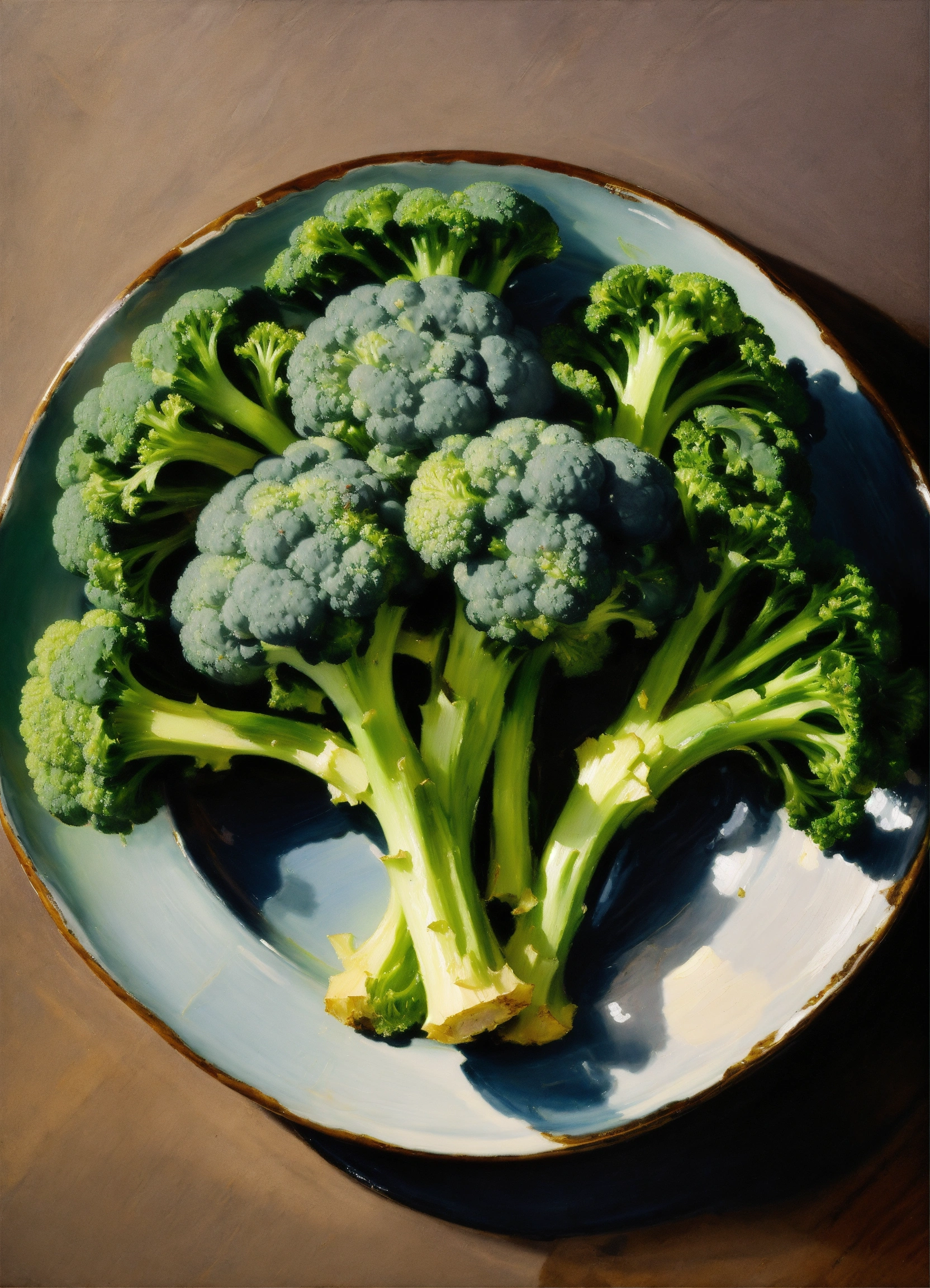 Lexica - Still life oil painting of broccoli on a plate, top down view ...
