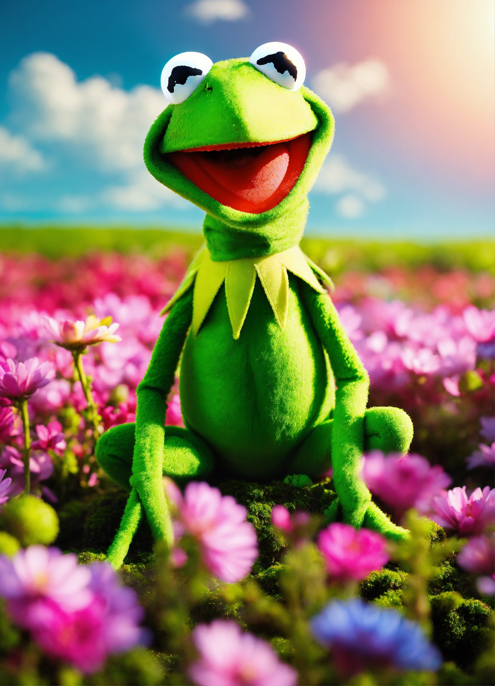 Lexica - Kermit the frog, happy, light, surrounded by a blue sky on a ...