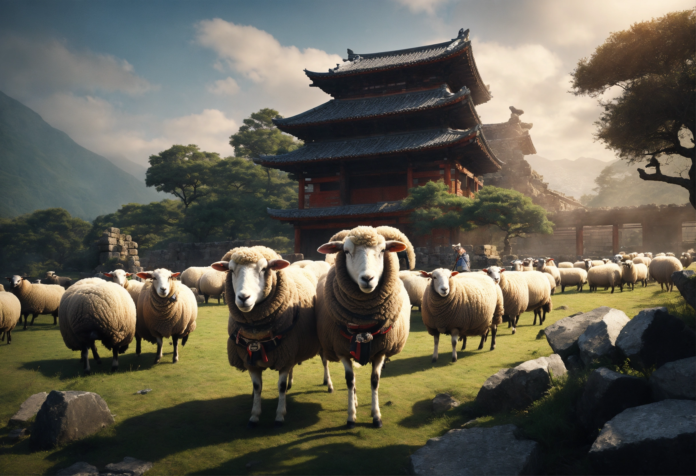 Lexica - Sheep samurai. Ancient ruins. Hyper realistic.