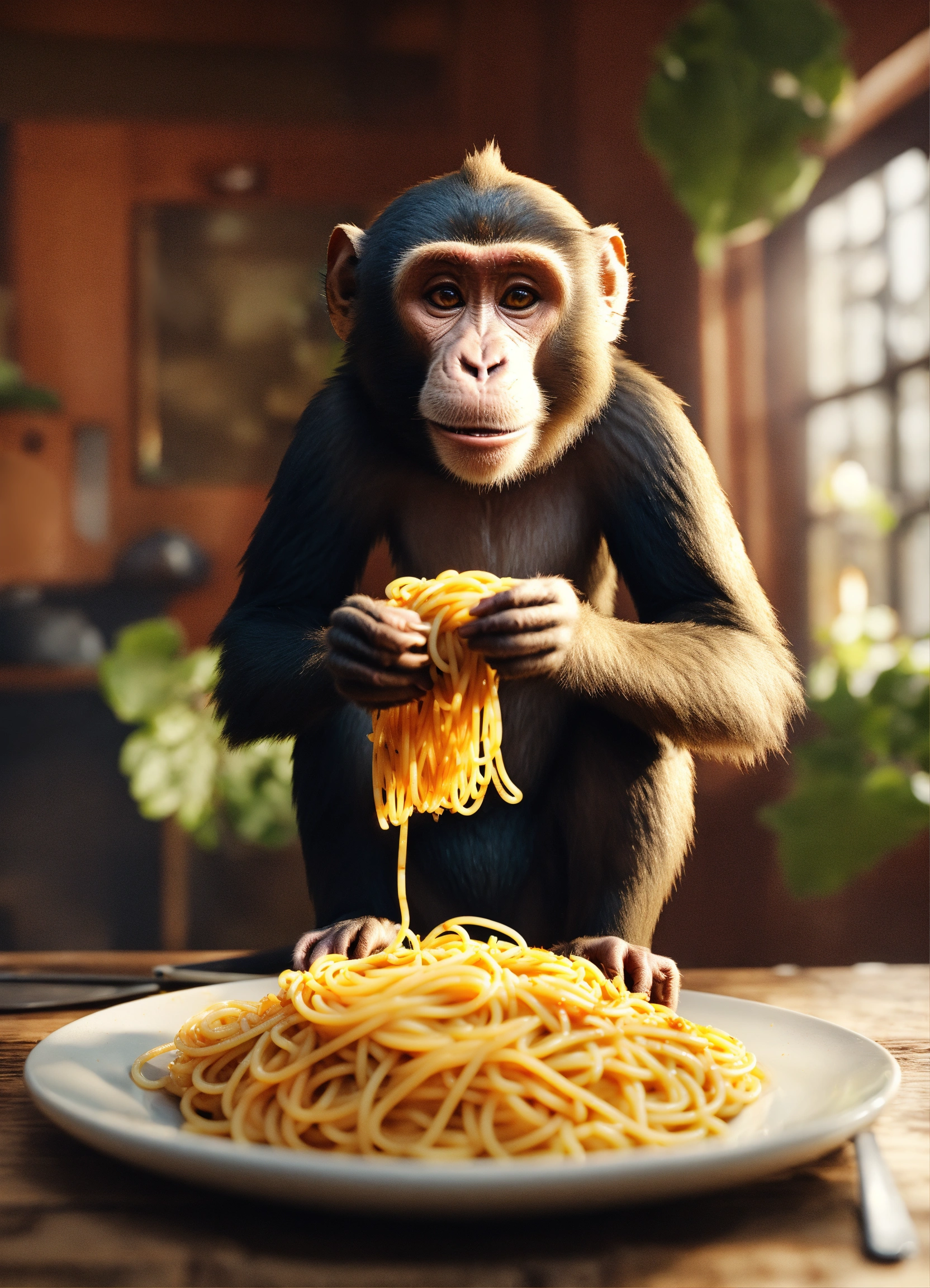 Lexica - A monkey standing on 2 legs, eating spaghetti, unreal engine ...