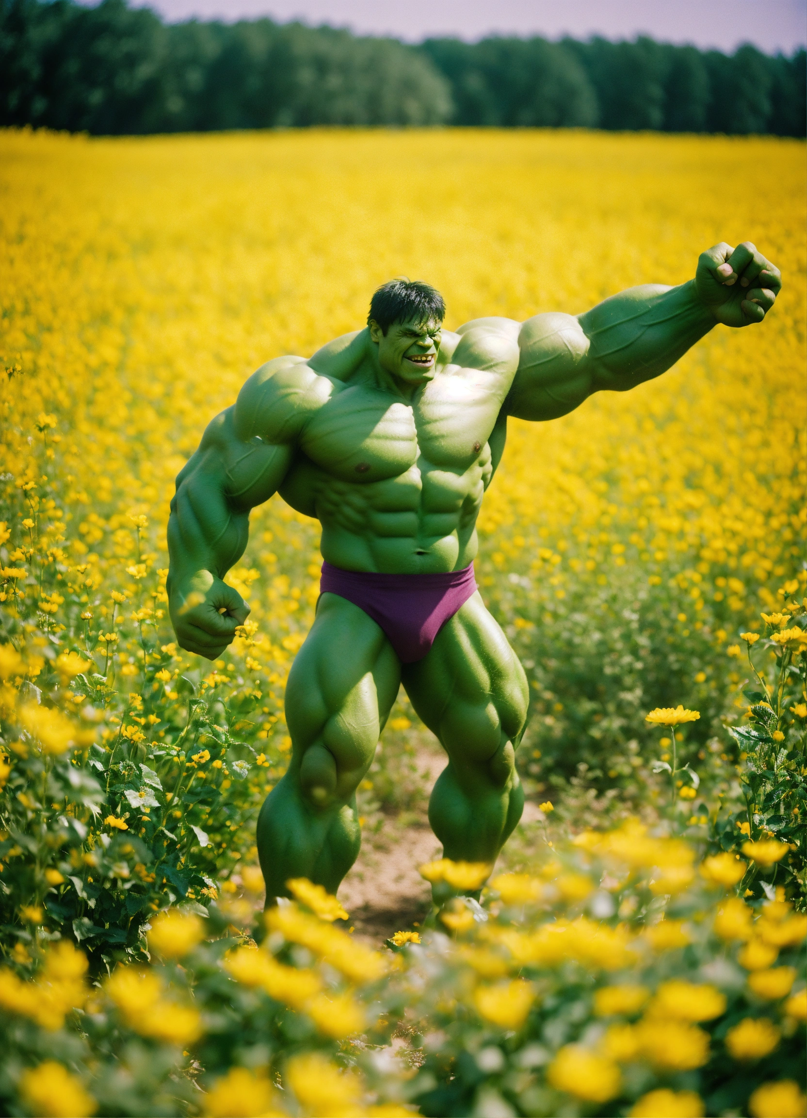 Lexica - Happy Hulk standing in a beautiful field of flowers, colorful ...